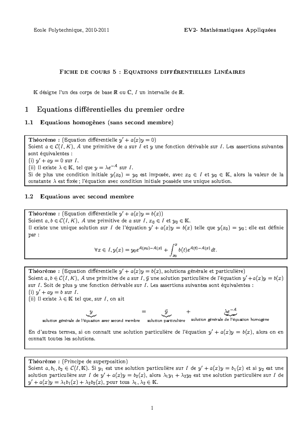 Cours 5 - Ecole Polytechnique, 2010-2011 EV2- Mathématiques Appliquées ...