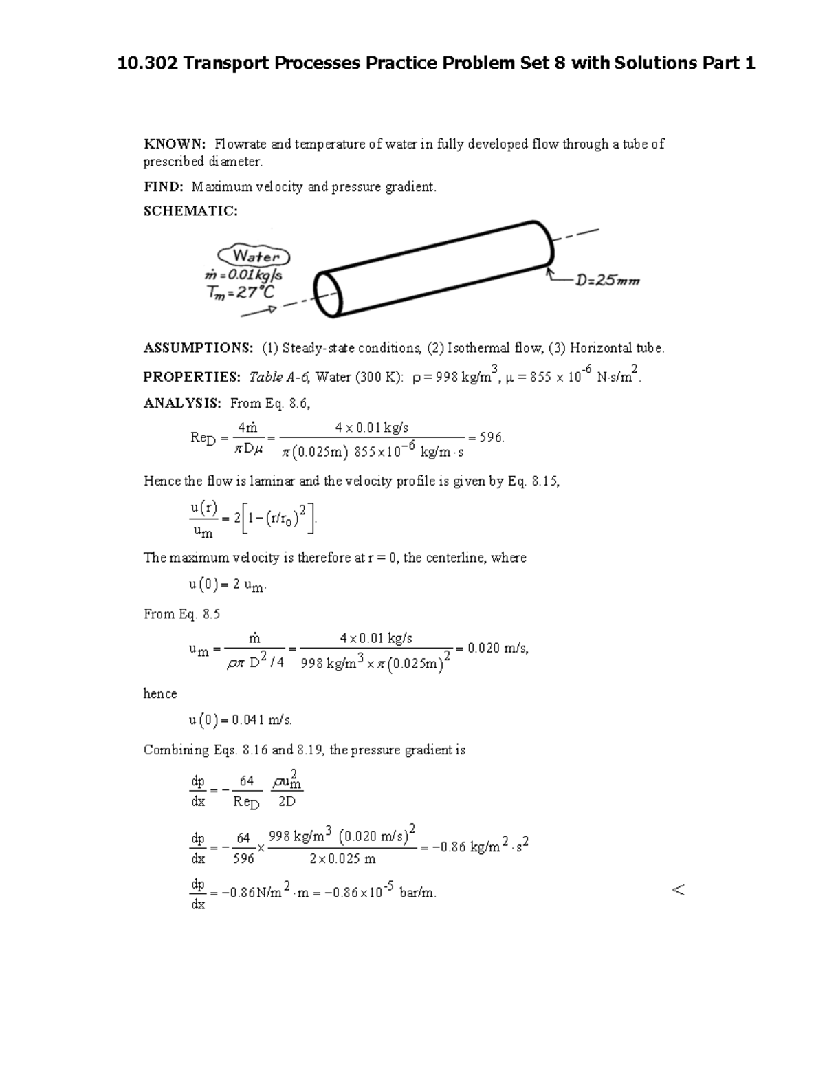 10.302 Transport Processes Practice Problem Set 8 with Solutions Part 1 ...