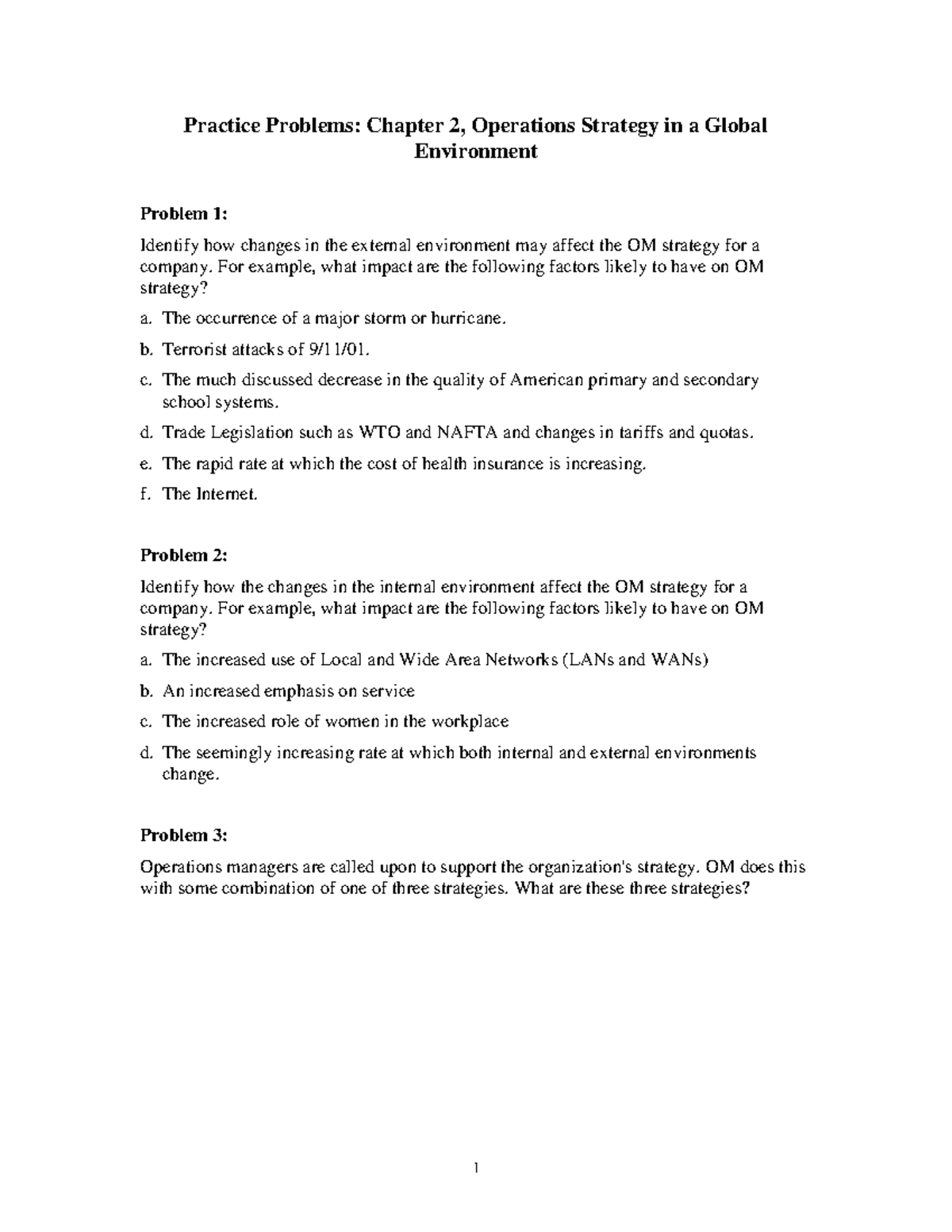 Ch02pp - 1 Practice Problems: Chapter 2, Operations Strategy in a ...
