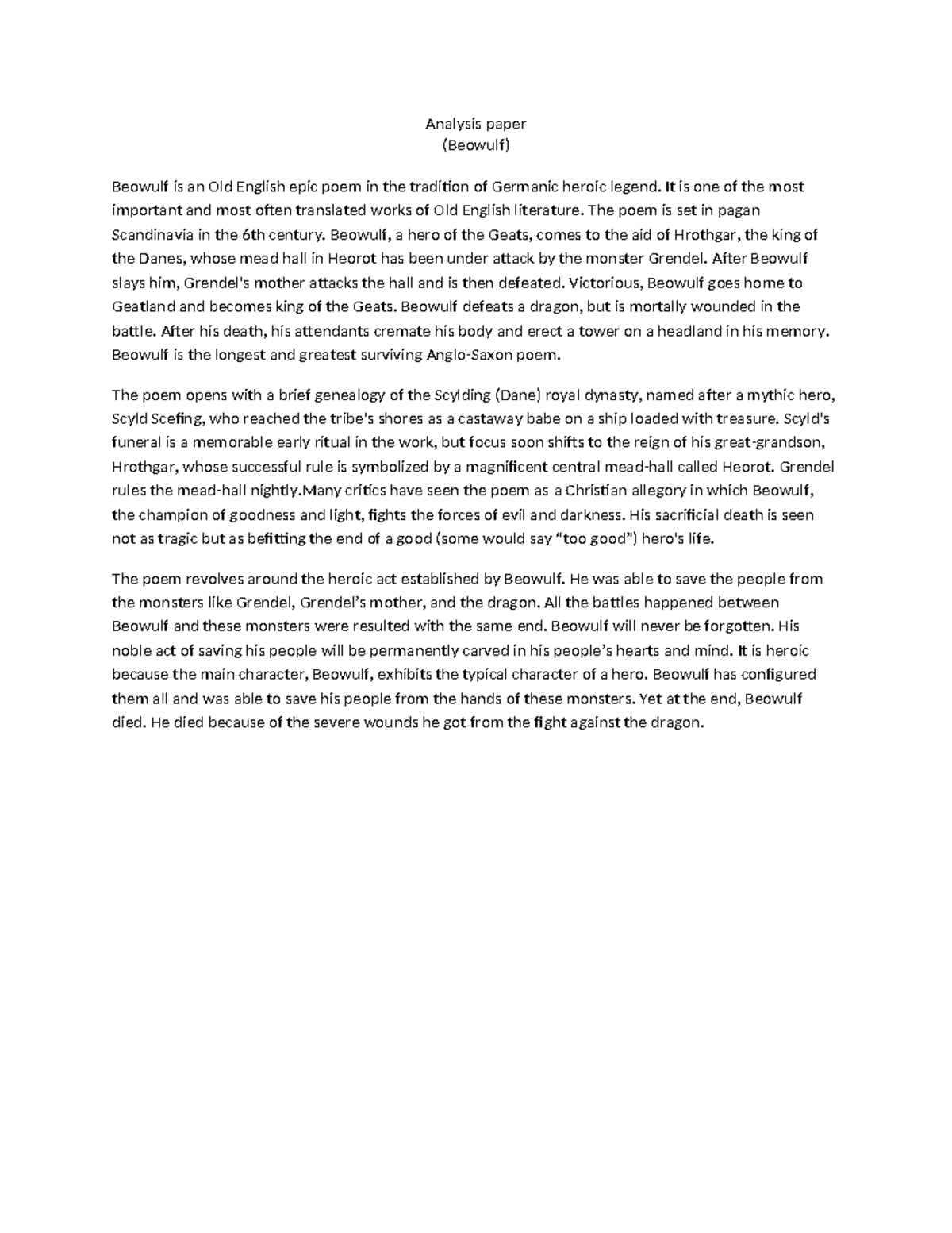 Analysis paper - Analysis paper (Beowulf) Beowulf is an Old English ...
