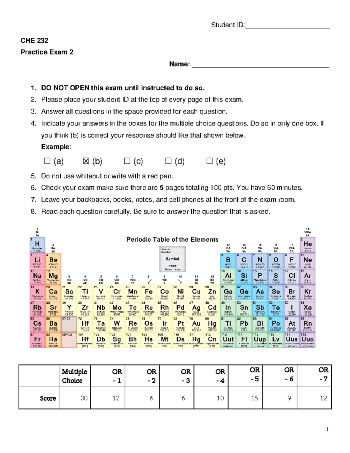 Practice Exam 2, CHE 232 SP2023 - CHE 232 Practice Exam 2 Name