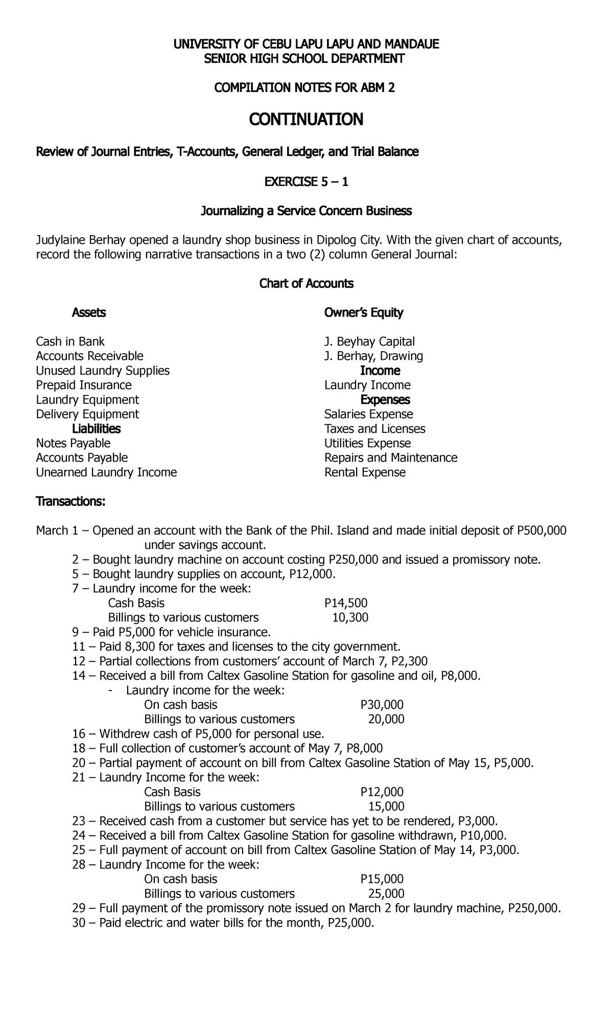 Compilation Notes on Journal Ledger and Trial Balance - UNIVERSITY OF ...
