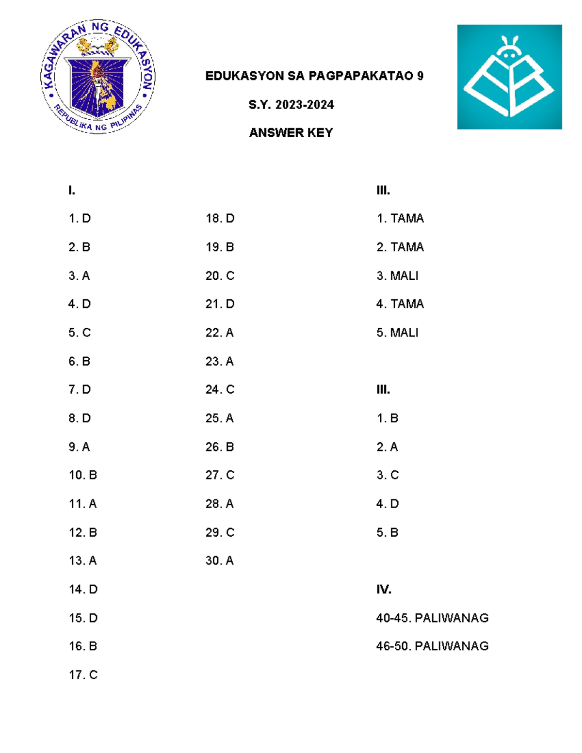 3RD ESP 9 Answer KEY - bachelor of secondary education - EDUKASYON SA PAGPAPAKATAO 9 S. 2023 ...