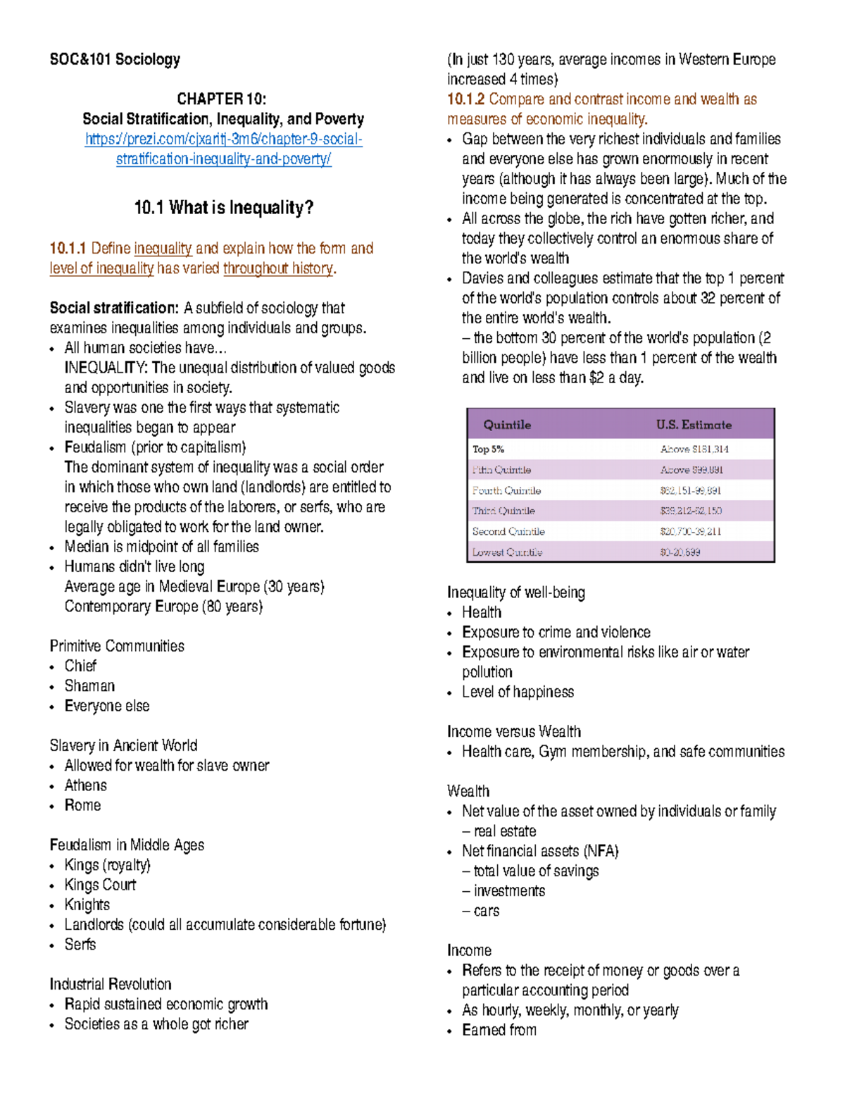 Chapter 10 NOTE - SOC&101 Sociology CHAPTER 10: Social Stratification ...