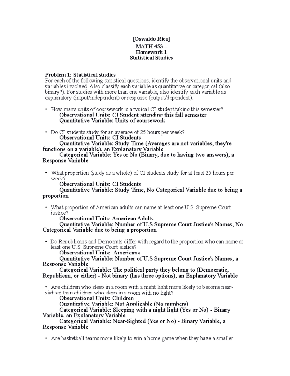 Homework 1 Problems - [Oswaldo Rico] MATH 453 – Homework 1 Statistical Studies Problem 1: - Studocu