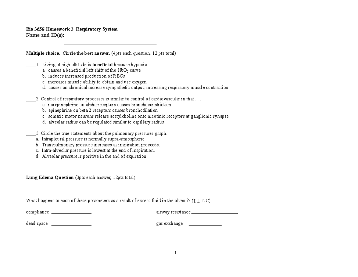 Homework 3 Respiratory - Bio 365S Homework 3 Respiratory System Name ...