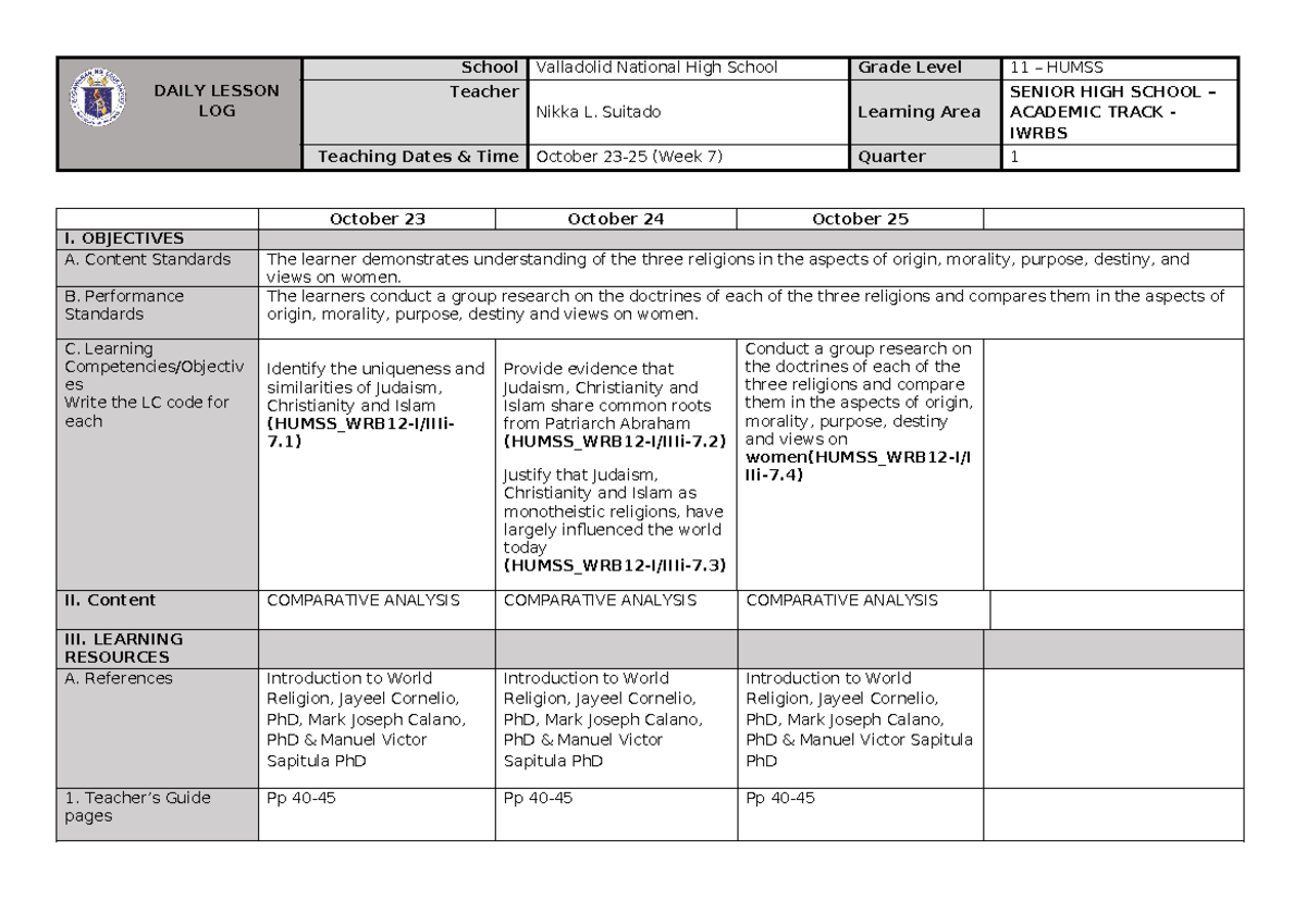 World Religion - WEEK 6 - lesson log - DAILY LESSON LOG School ...