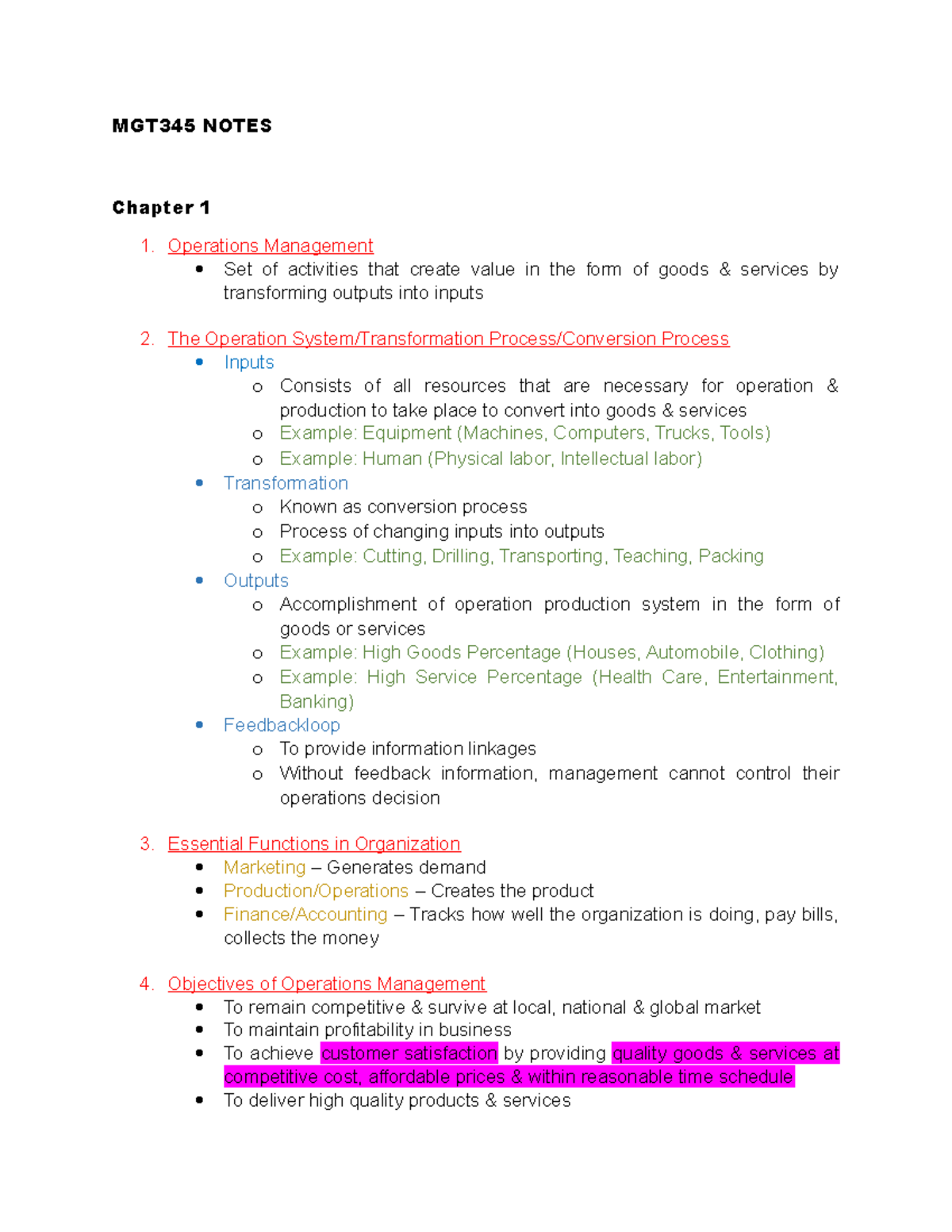 MGT345 Notes for student - MGT345 NOTES Chapter 1 1. Operations ...