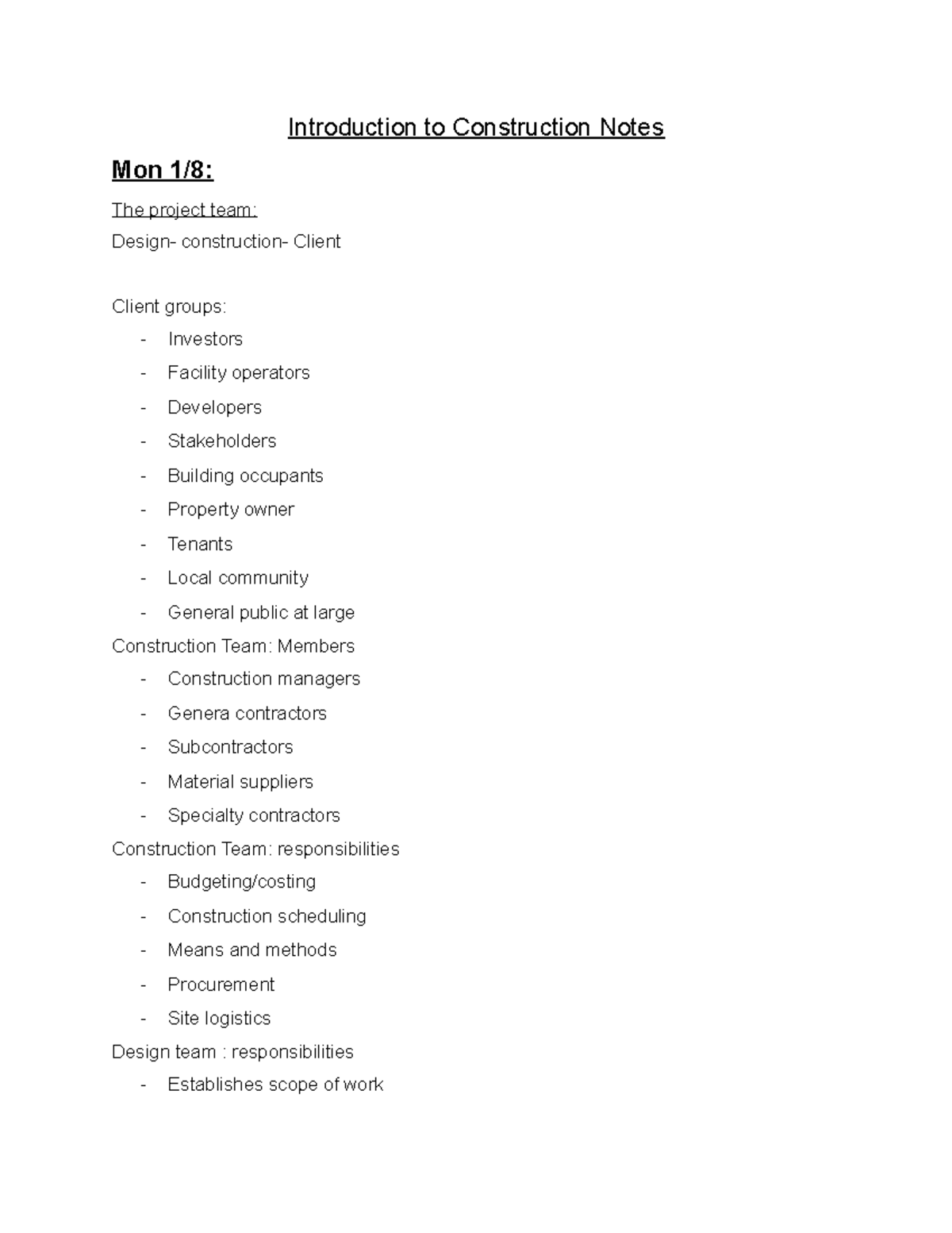 Introduction to Construction Notes - Functional Objectives: Goals ...