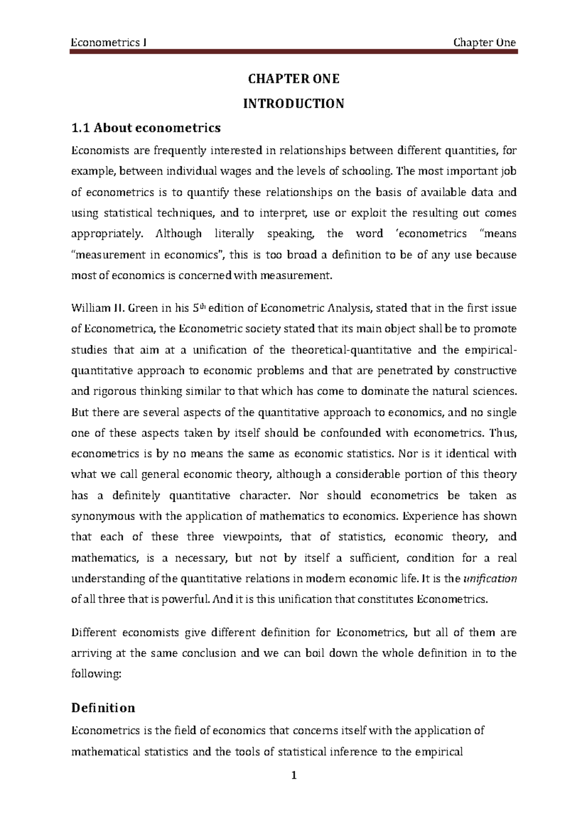 Lc eco Chapter One finance - 1 About econometrics CHAPTER ONE INTRODUCTION Economists are ...