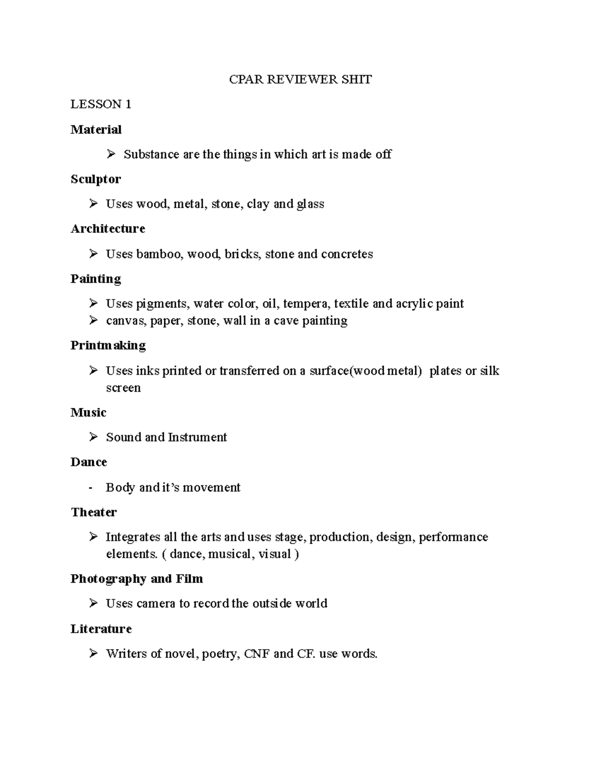 CPAR Reviewer - CPAR REVIEWER SHIT LESSON 1 Material Substance are the ...
