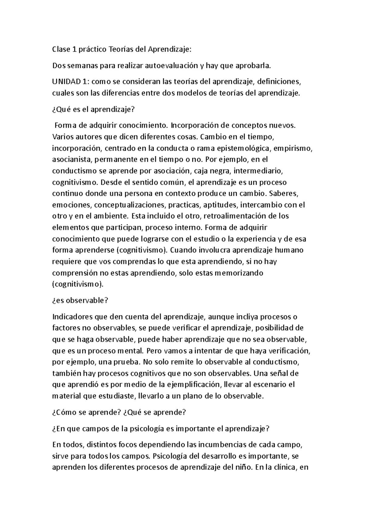 Clase 1 práctico Teorías del Aprendizaje - Clase 1 práctico Teorías del Aprendizaje: Dos semanas ...