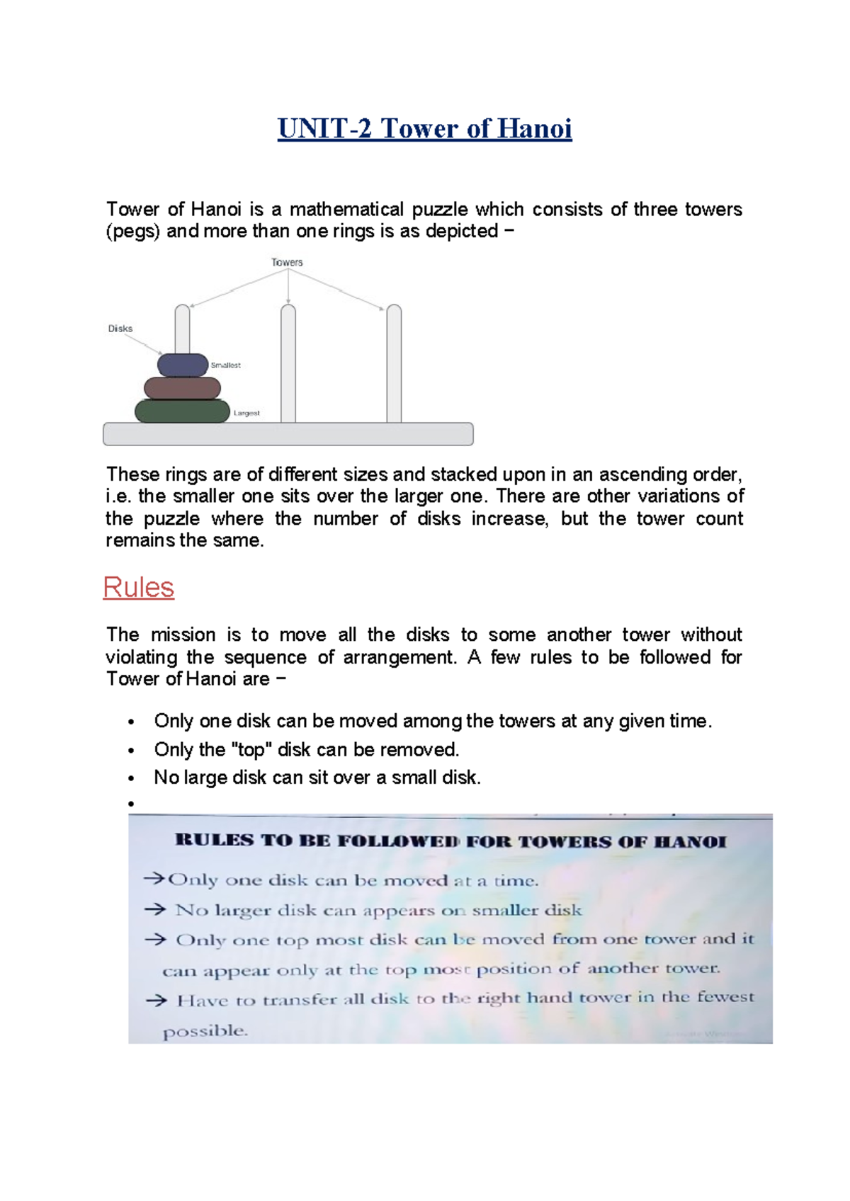 Lecture-17 DS - Lecture notes - UNIT-2 Tower of Hanoi Tower of Hanoi is ...