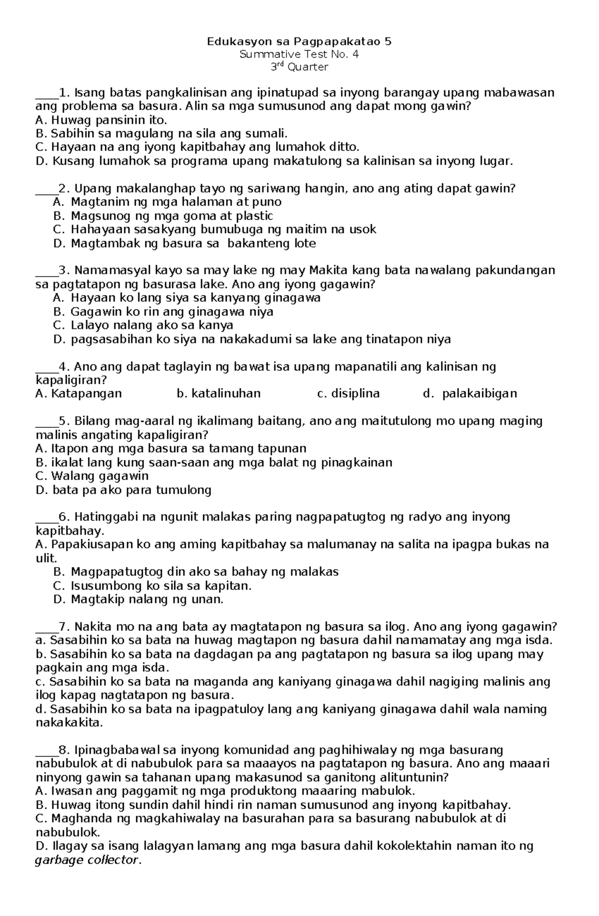 SUmmative #4 esp Q3 - test - Edukasyon sa Pagpapakatao 5 Summative Test ...