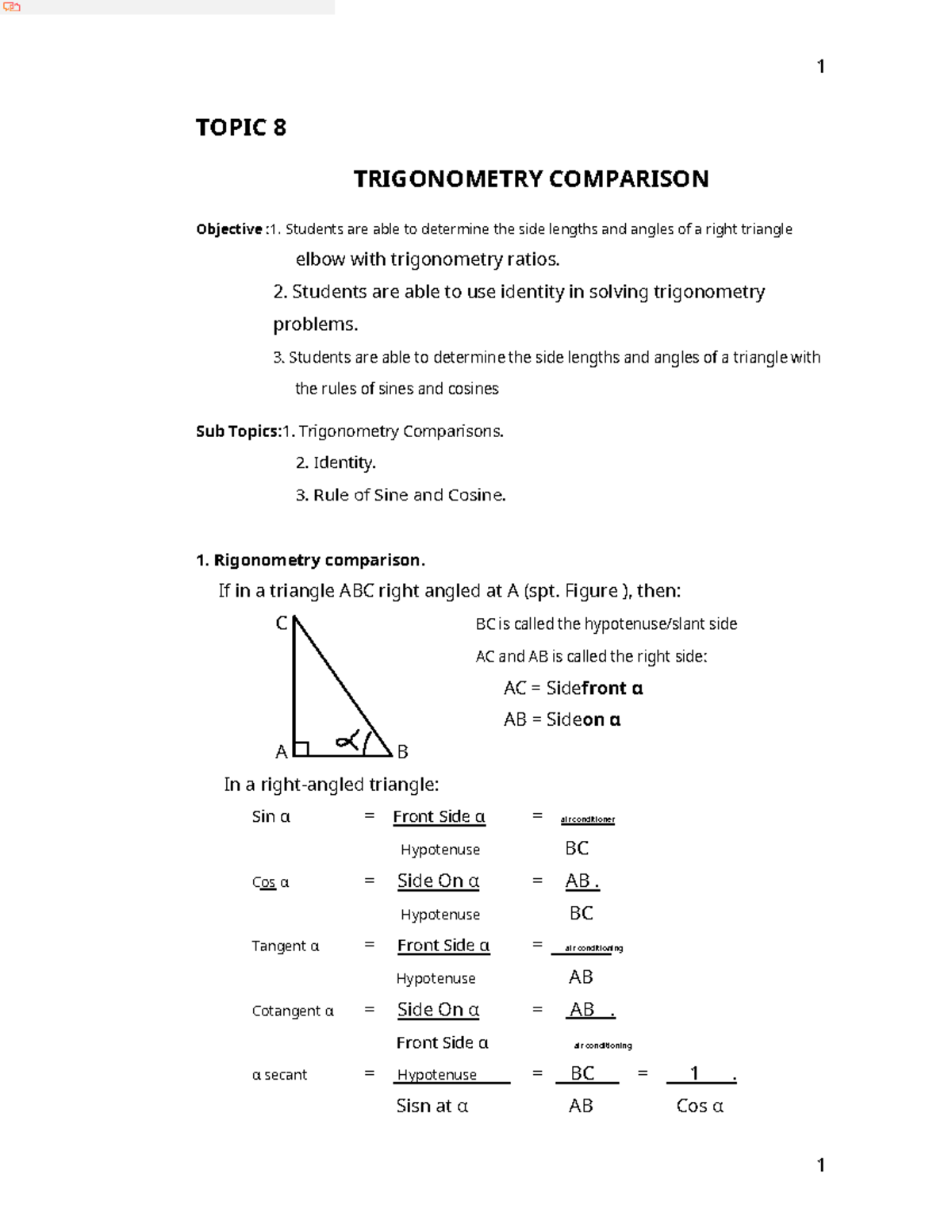 Topic 8 - Trigonometry Comparison-1 - TOPIC 8 TRIGONOMETRY COMPARISON ...