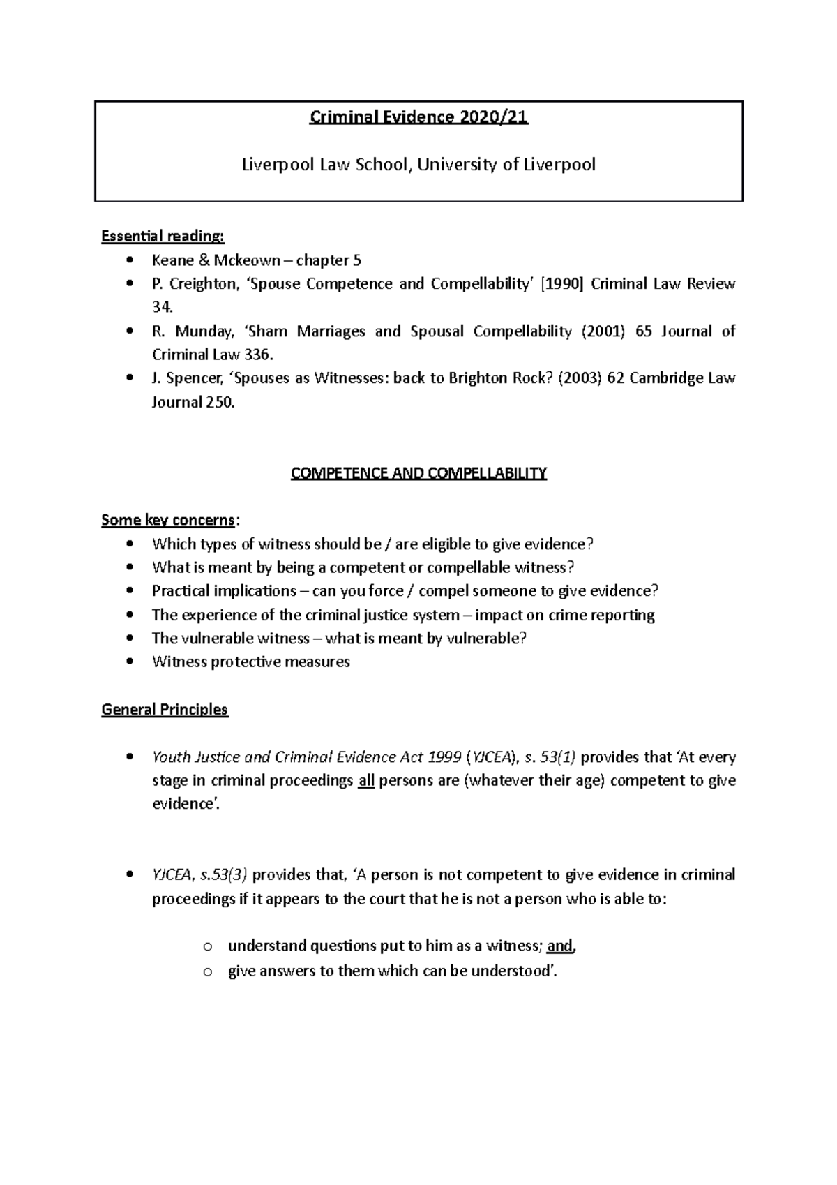 Competence and Compellability Lecture Handout - Criminal Evidence 2020 ...