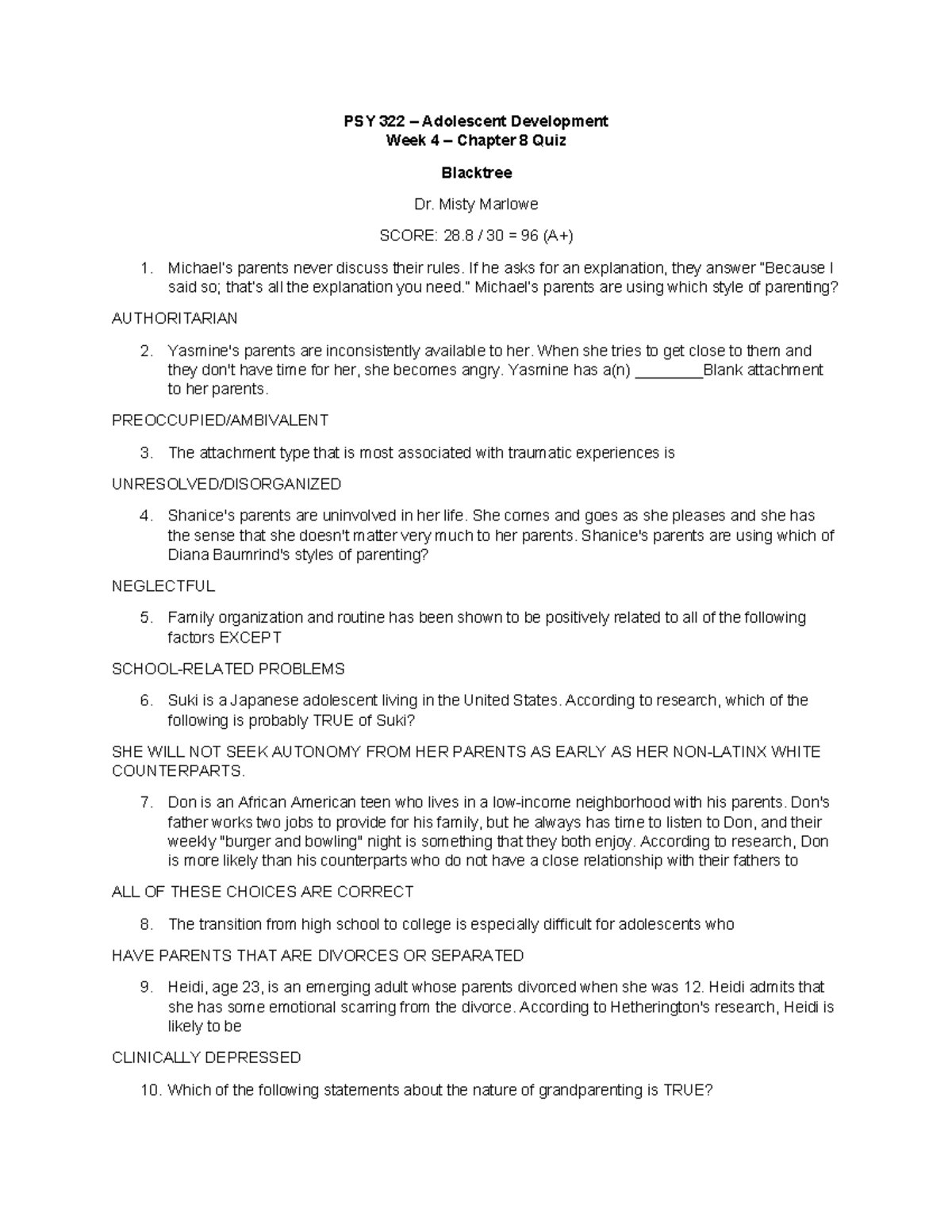 PSY322 Chapter 8 Quiz Score 96 out of 100 - PSY 322 – Adolescent Development Week 4 – Chapter 8 ...