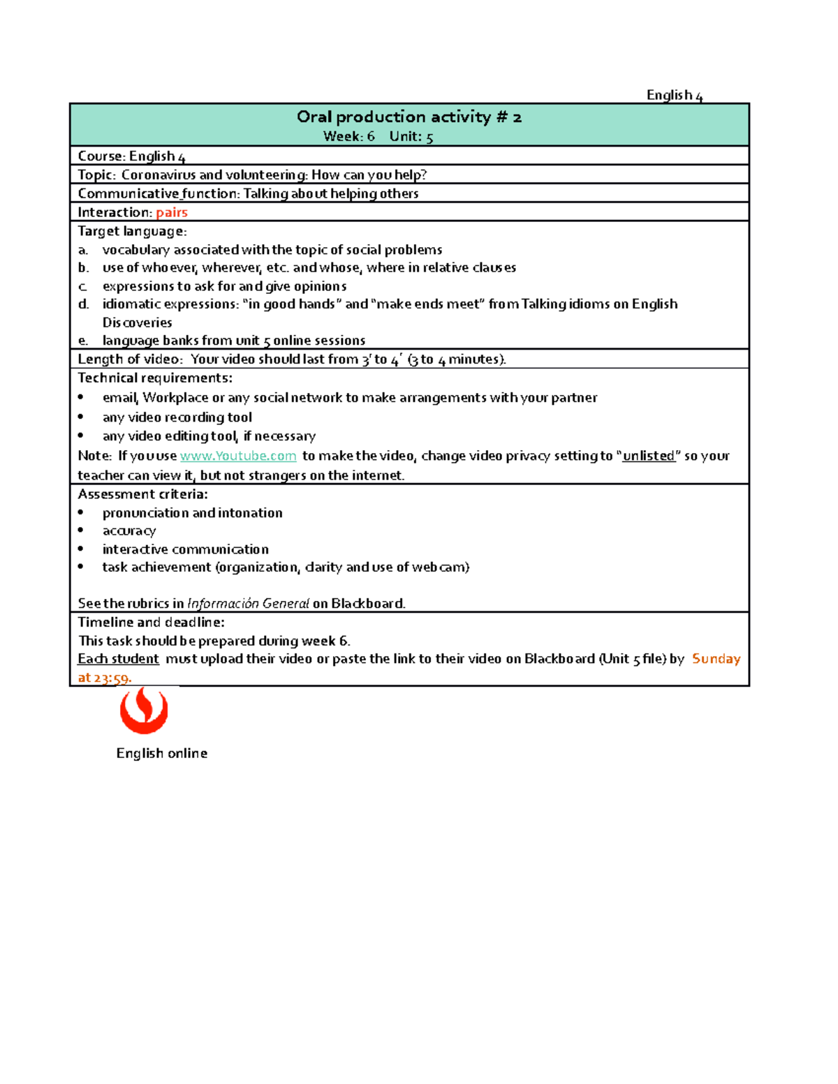 E4 OPA # 2 UNIT 5(4) (1) - opa - English 4 Oral production activity # 2 Week: 6 Unit: 5 Course ...