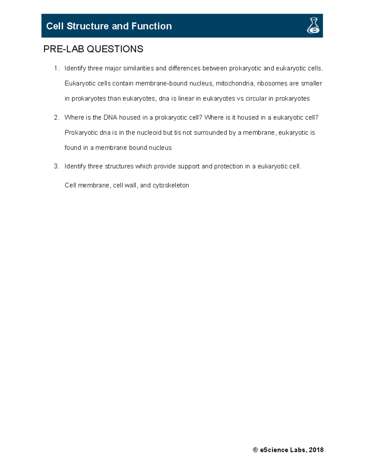 Gabriel Cell Struc - bio - PRE-LAB QUESTIONS Identify three major similarities and differences ...