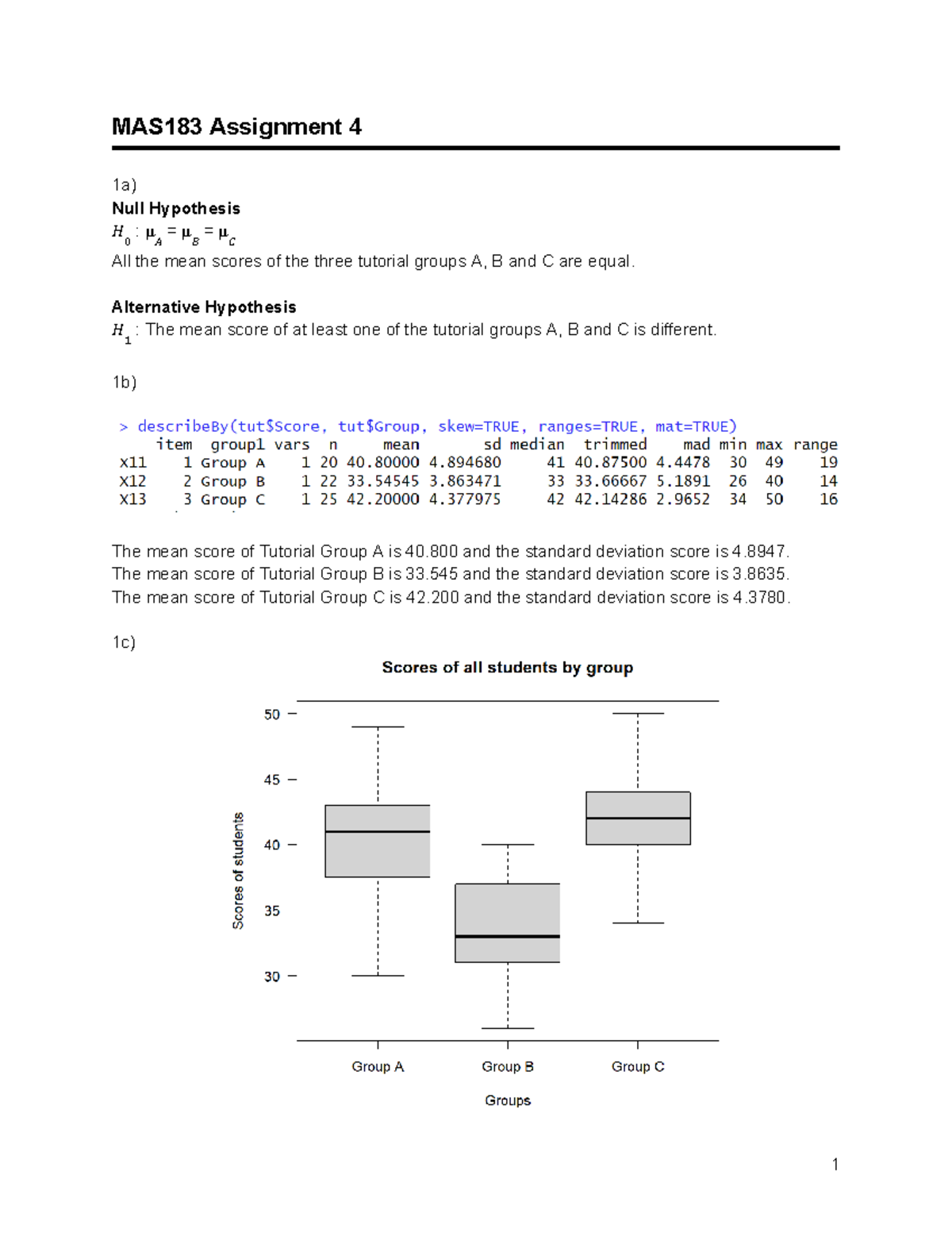 MAS183 Assignment 4 - Full marks - MAS183 Assignment 4 1a) Null Hypothesis 𝐻 0 : μ𝐴 = μ𝐵 =μ𝐶 All ...