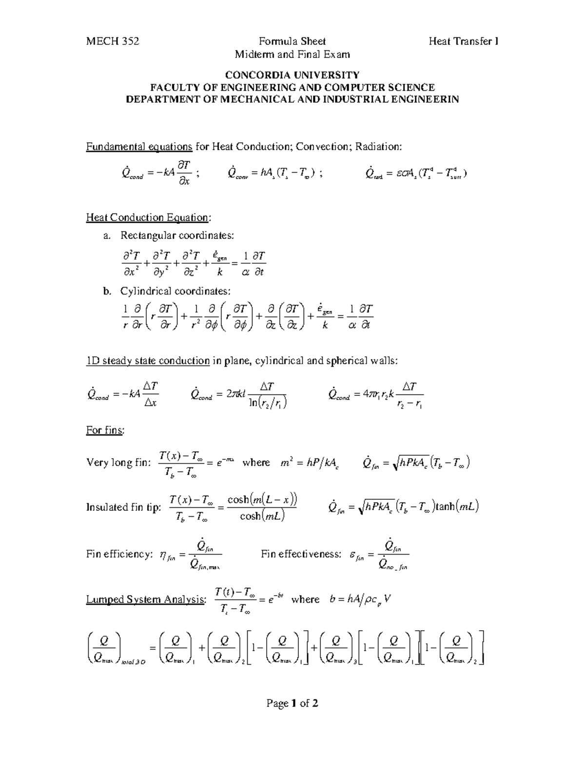 Formula Sheet Final MECH 352 - MECH 352 Formula Sheet Heat Transfer I ...