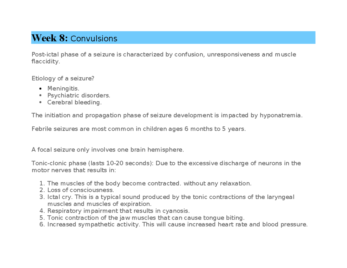 Week 8 edapt - study for exam - Week 8: Convulsions Post-ictal phase of ...