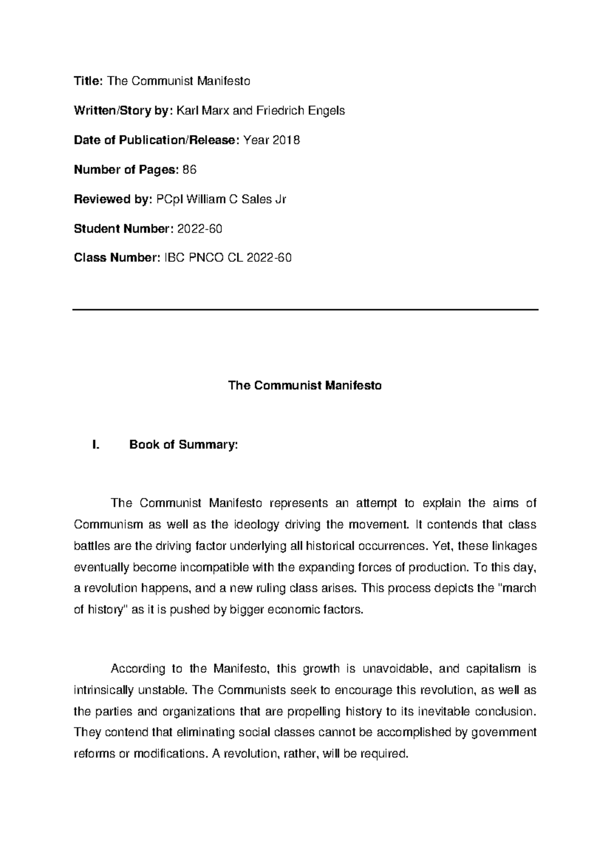 Book Review on The Communist Manifesto - Title: The Communist Manifesto ...