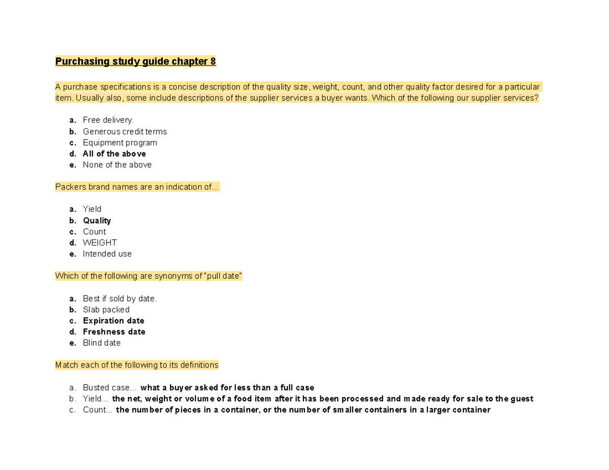 Purchasing study guide chapter 8 - Usually also, some include descriptions of the supplier ...