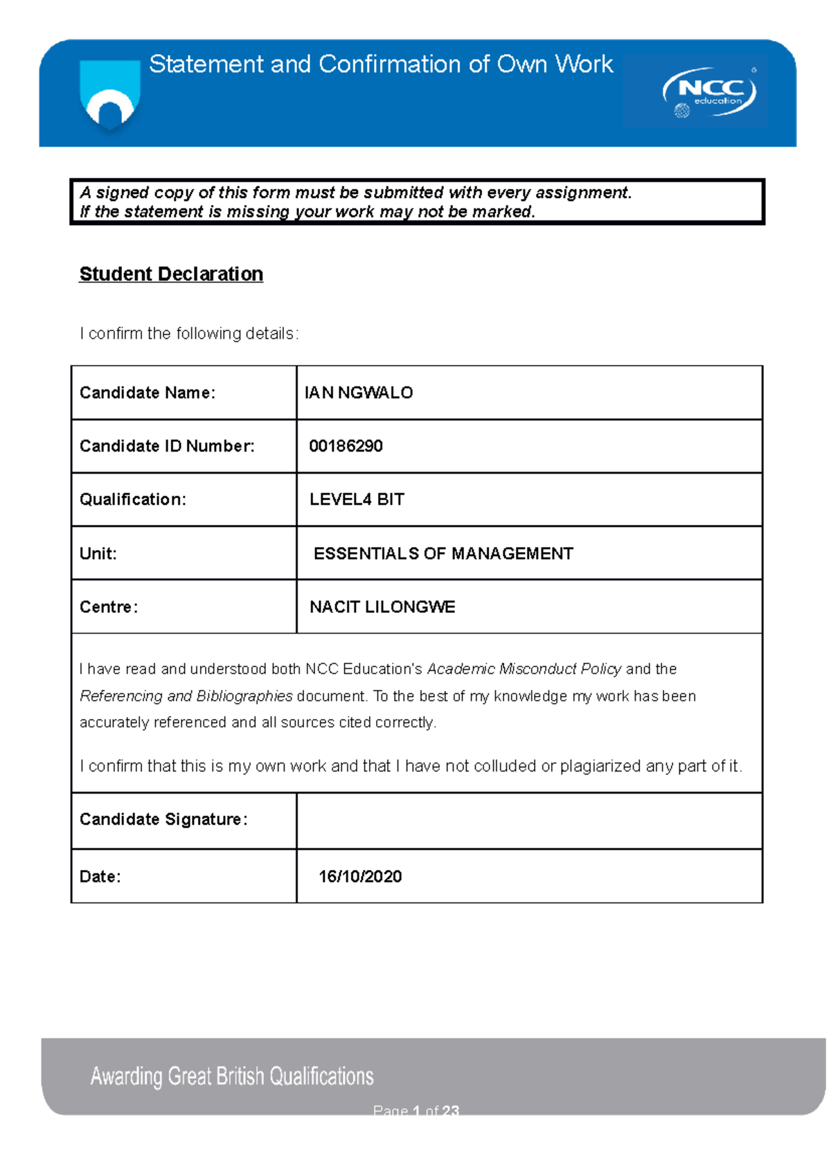 00186290 Ian Ngwalo EOM - Statement and Confirmation of Own Work A signed copy of this form must ...
