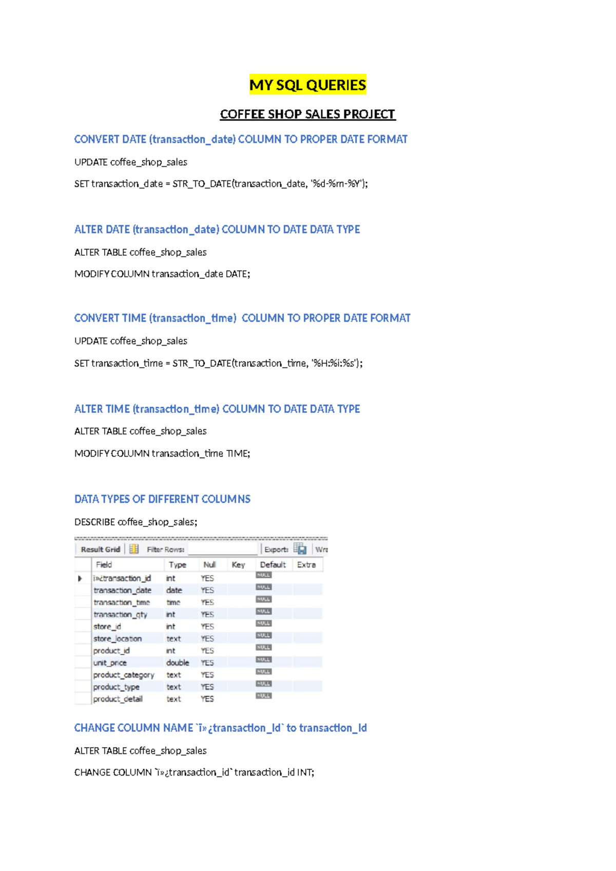 MY SQL Queries - learning sql - MY SQL QUERIES COFFEE SHOP SALES ...