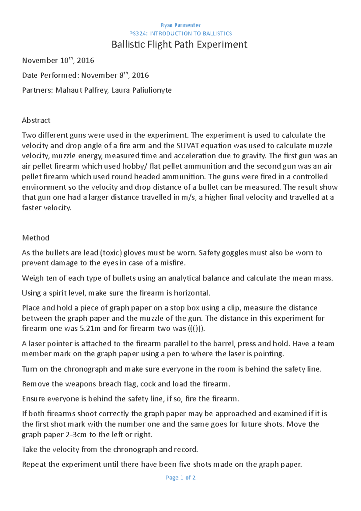 Flight Path Experiment Write up - Ryan Parmenter PS324: INTRODUCTION TO ...