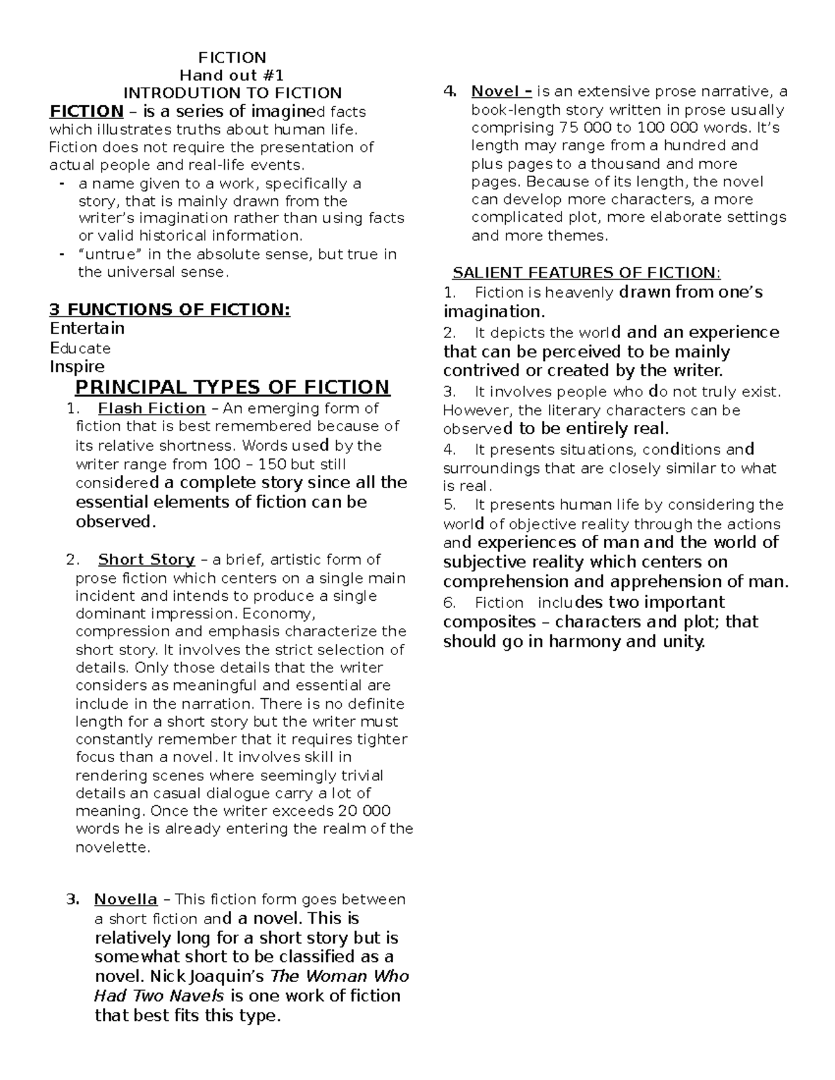 WEEK-1-Q2 - english - FICTION Hand out INTRODUTION TO FICTION FICTION ...