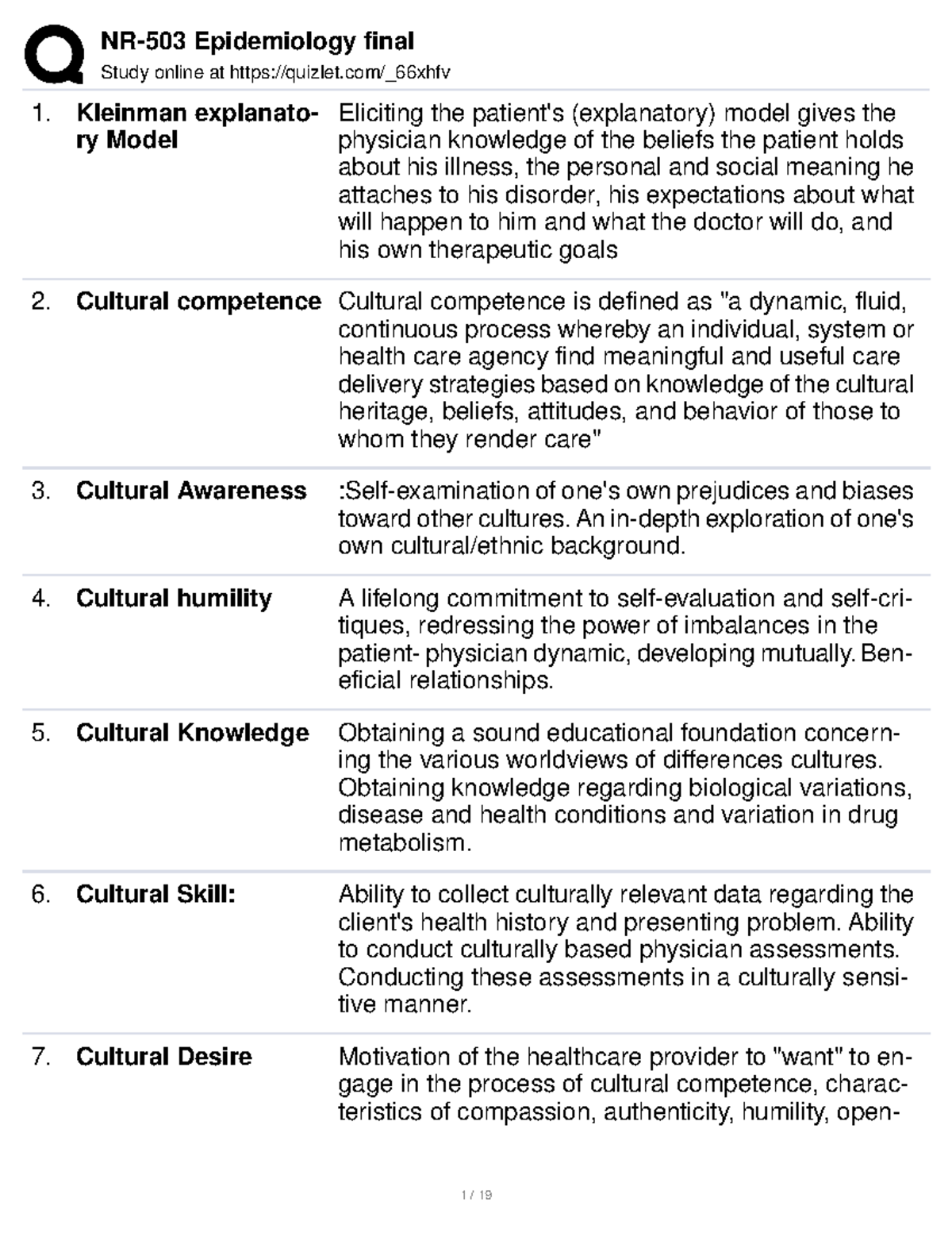 NR-503 Epidemiology final - Study online at quizlet/_66xhfv Kleinman explanato- ry Model ...