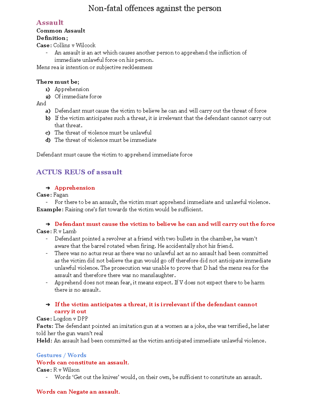 Non-fatal offences against the person; Assault. Case Law, Requirements ...