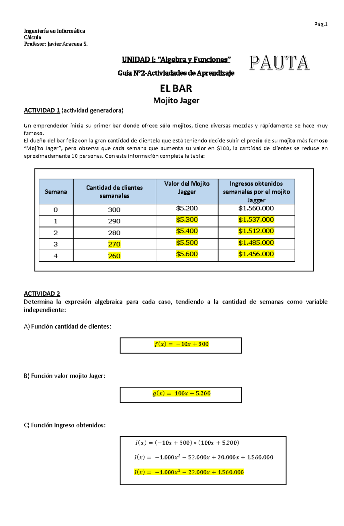 Guia N°2 Actividades de aprendizaje Funciones (Pauta) - P·g. IngenierÌa en Inform·tica C·lculo ...