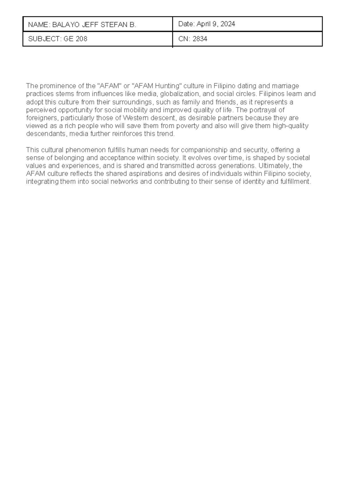 AFAM Balayo - notes - NAME: BALAYO JEFF STEFAN B. SUBJECT: GE 208 Date ...