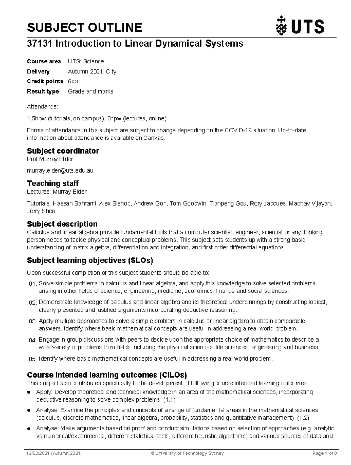 Dynamical systems subject outline - SUBJECT OUTLINE 37131 Introduction ...