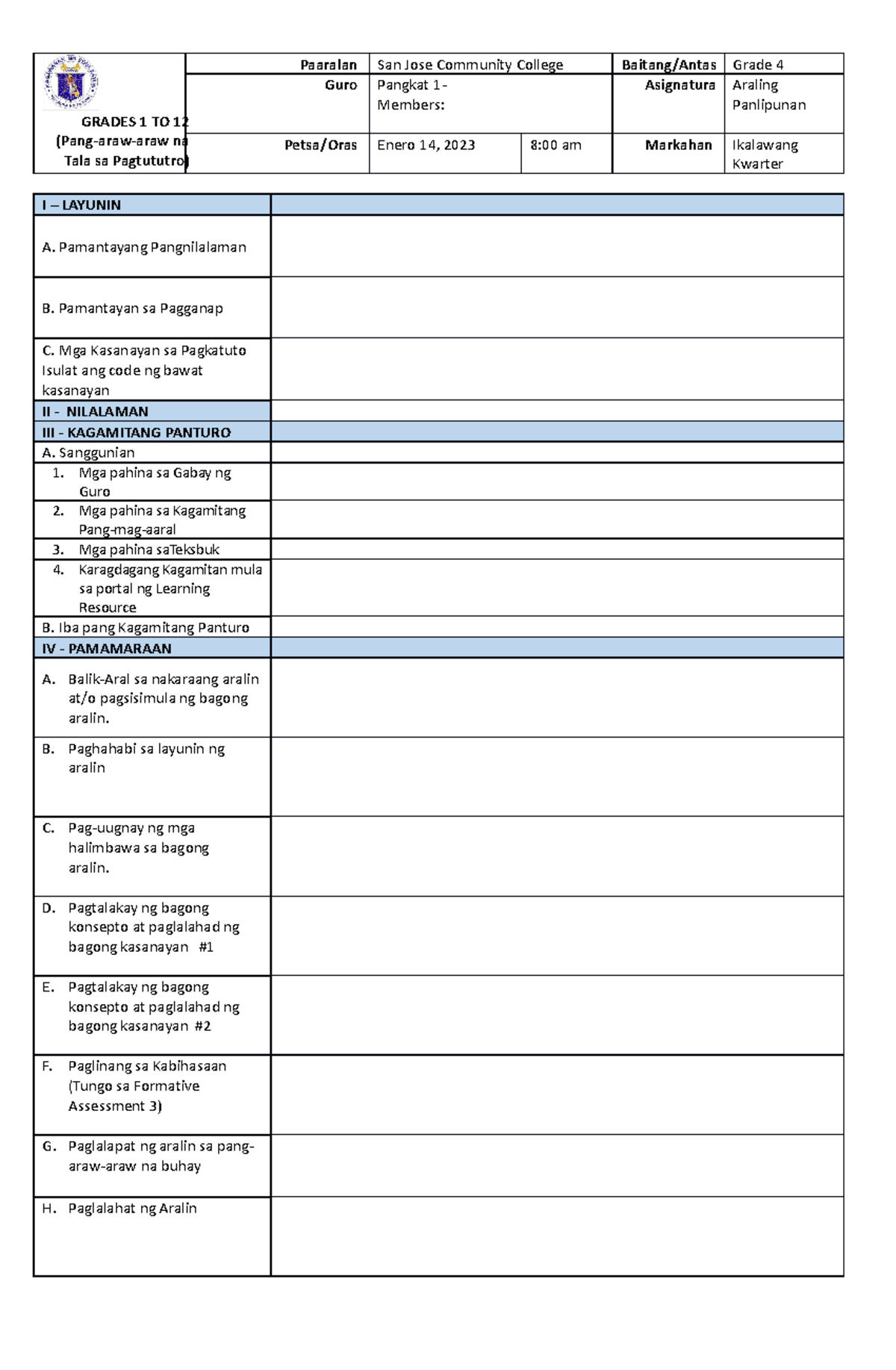 Lesson-PLAN Blank-Form - Paaralan San Jose Community College Baitang ...