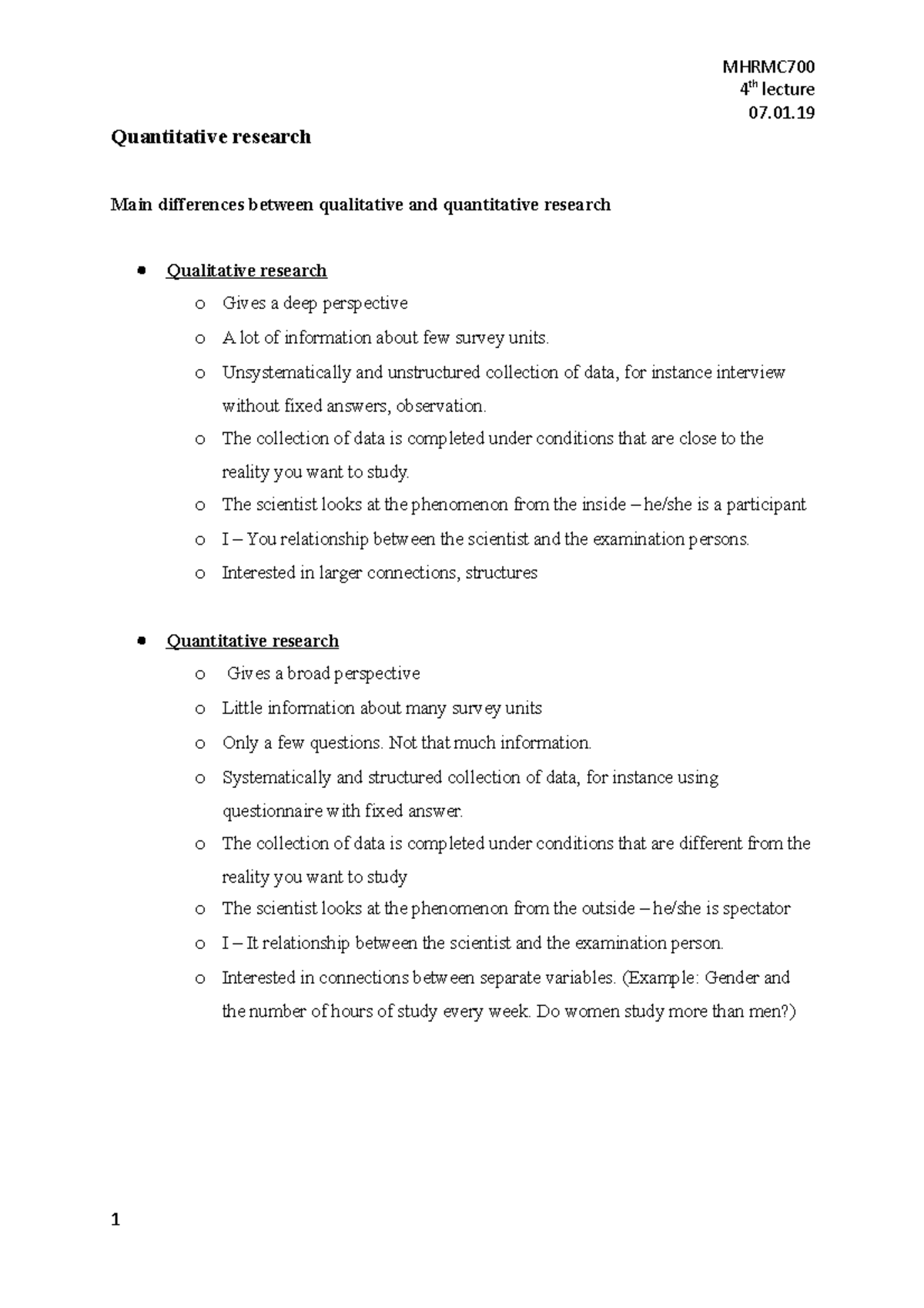 4th lecture - Quantitative research - MHRMC700 4th lecture 07.01 ...
