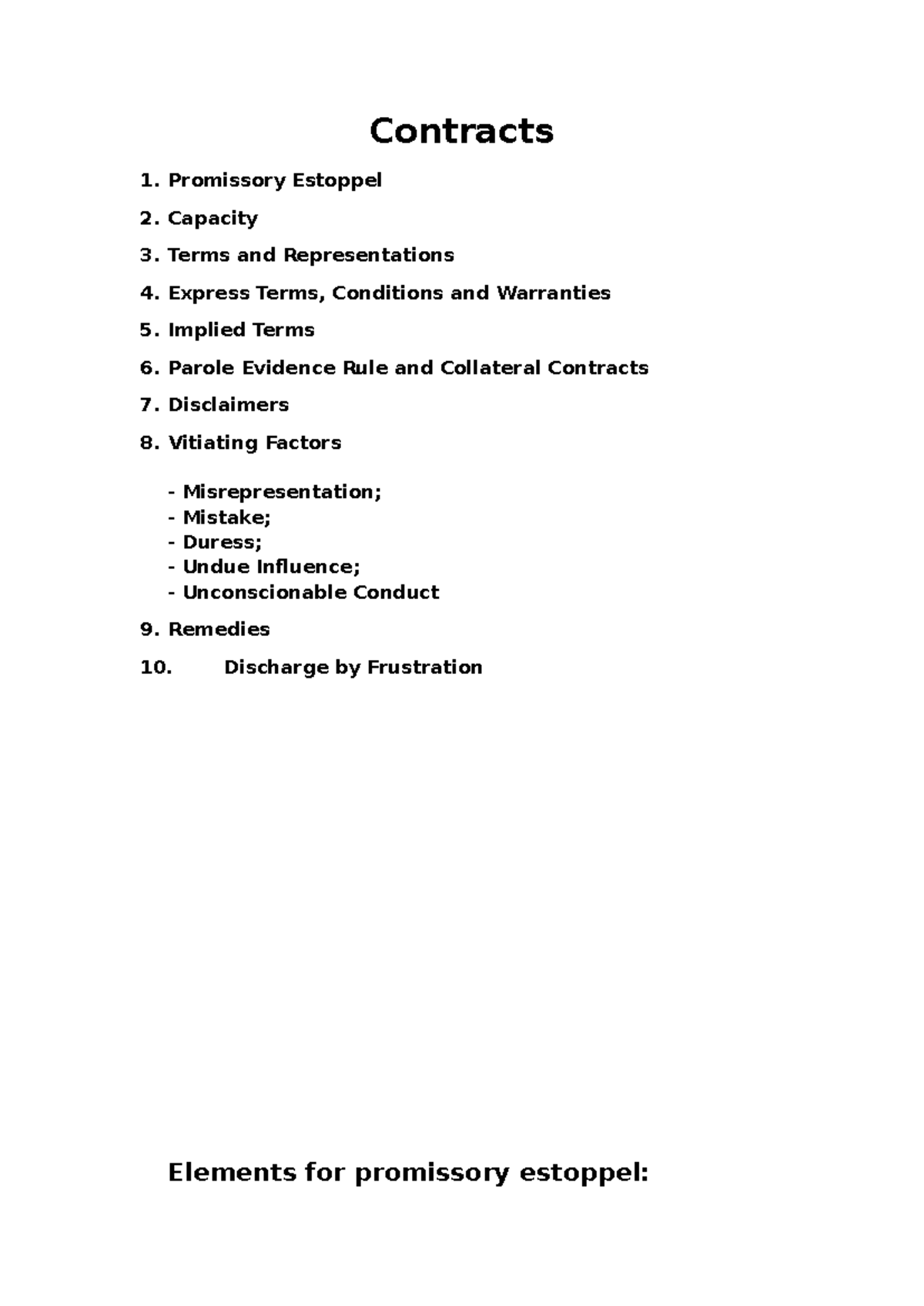Contracts Laws1100 final - Contracts 1. Promissory Estoppel 2. Capacity ...
