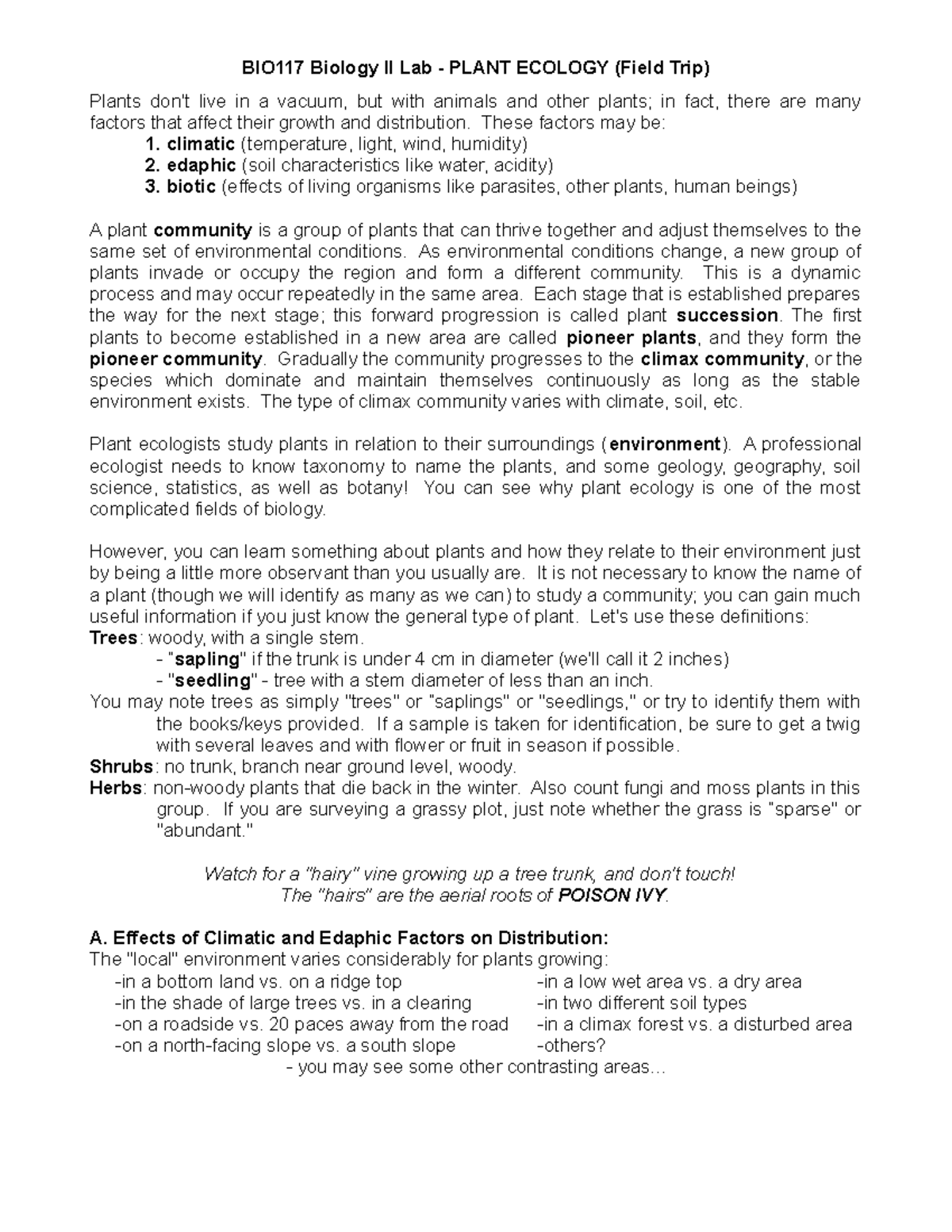 BIO117 LAB - Plant Ecology Field Trip - BIO117 Biology II Lab - PLANT ...