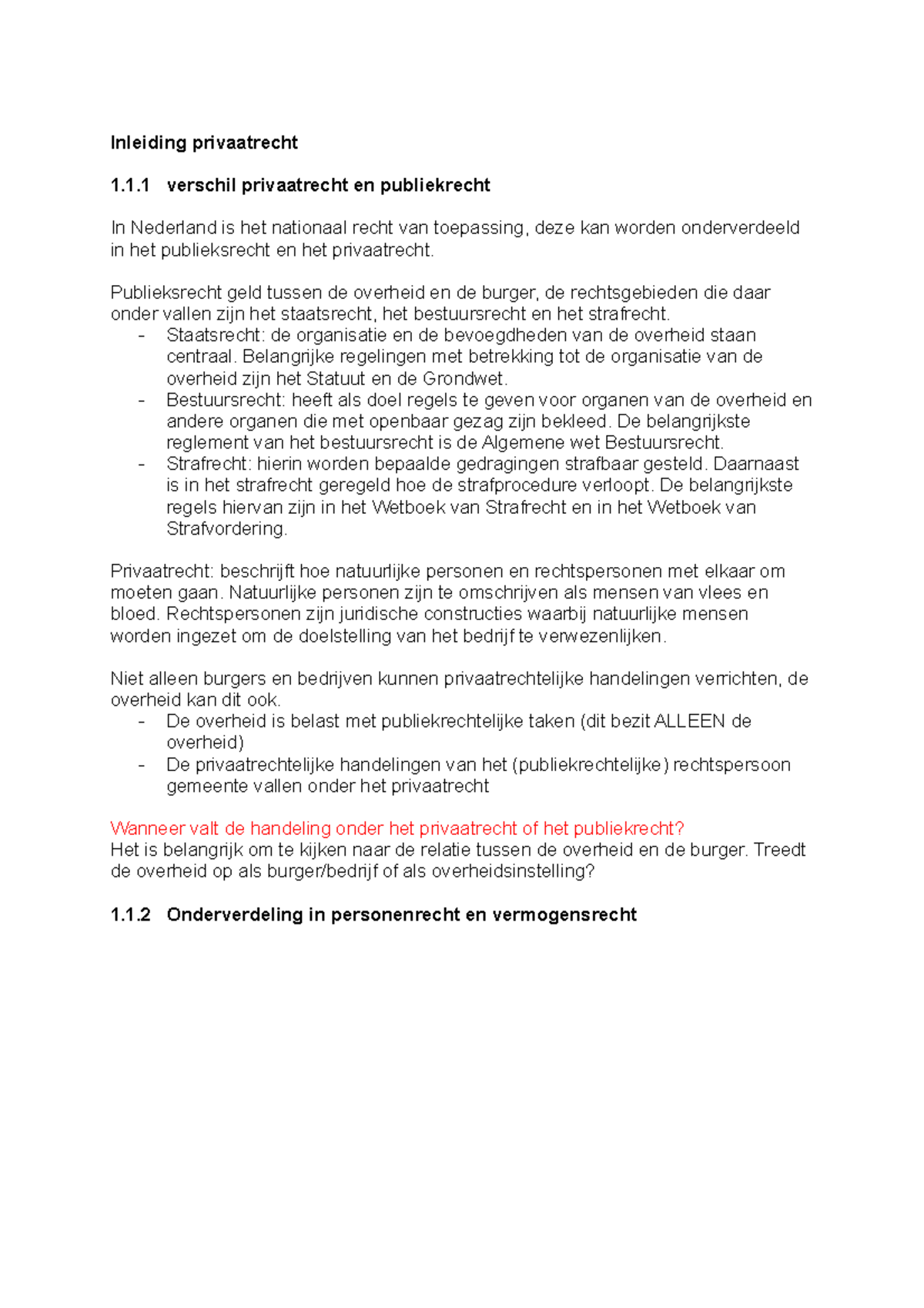 Inleiding privaatrecht - 1 verschil privaatrecht en publiekrecht In ...