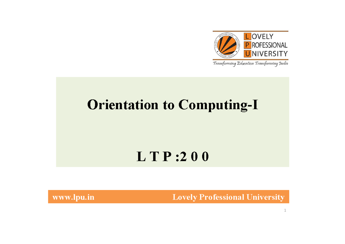 Cse 111 Lec 0 Zero Lecture 1 Orientation To Computing I L T P 2 0 0 Lpu Lovely