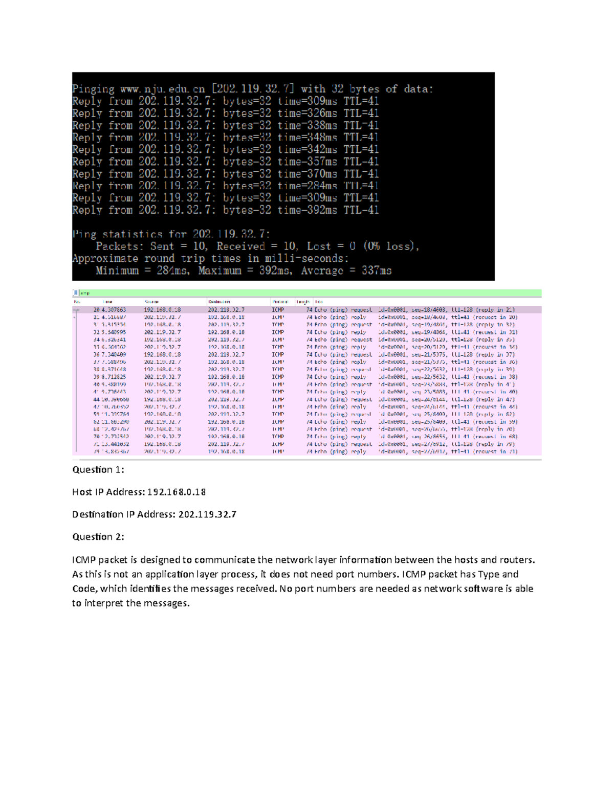 41092 Week9 Lab - Question 1: Host IP Address: 192.168. Destination IP Address: 202.119 ...