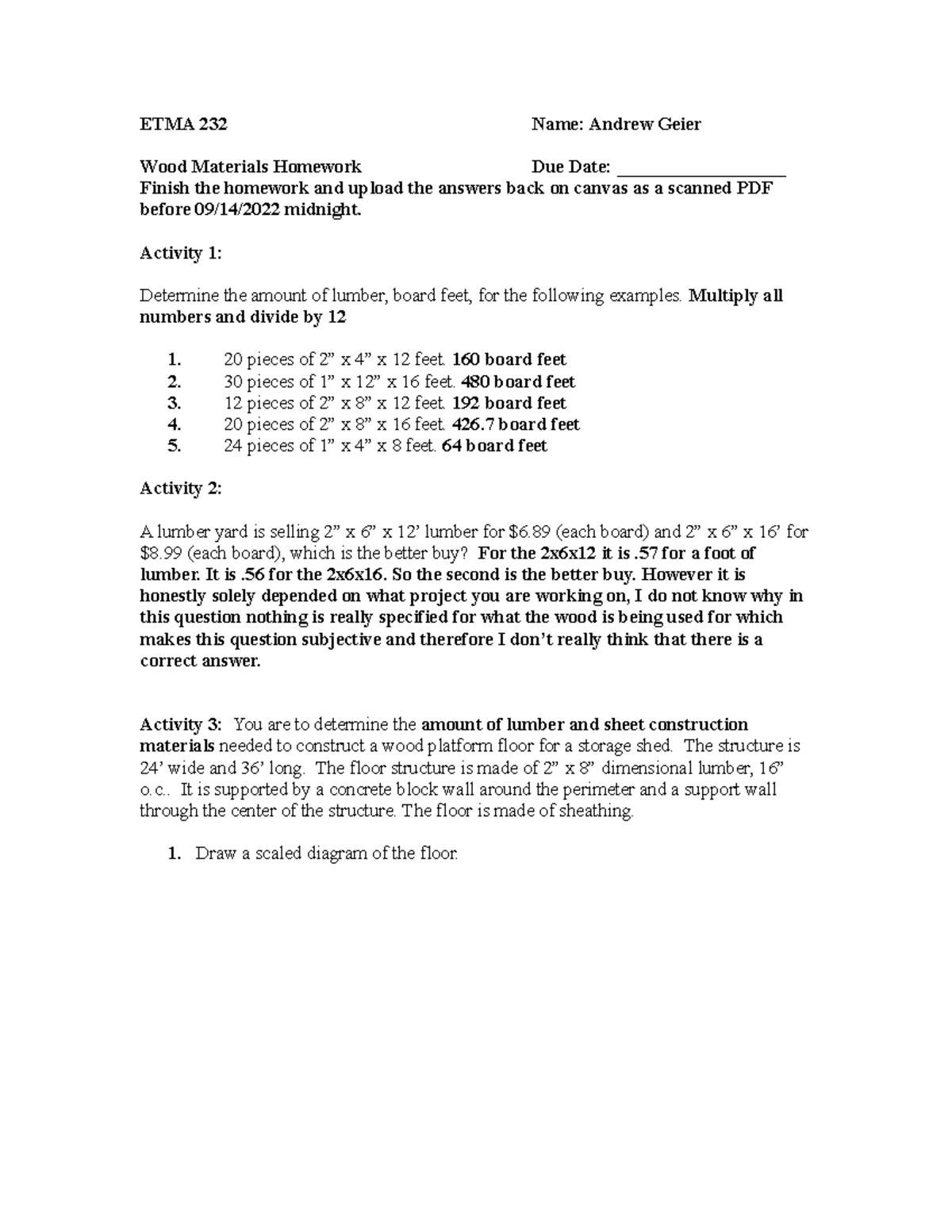 Wood materials homework 1 - ETMA 232 Name: Andrew Geier Wood Materials ...