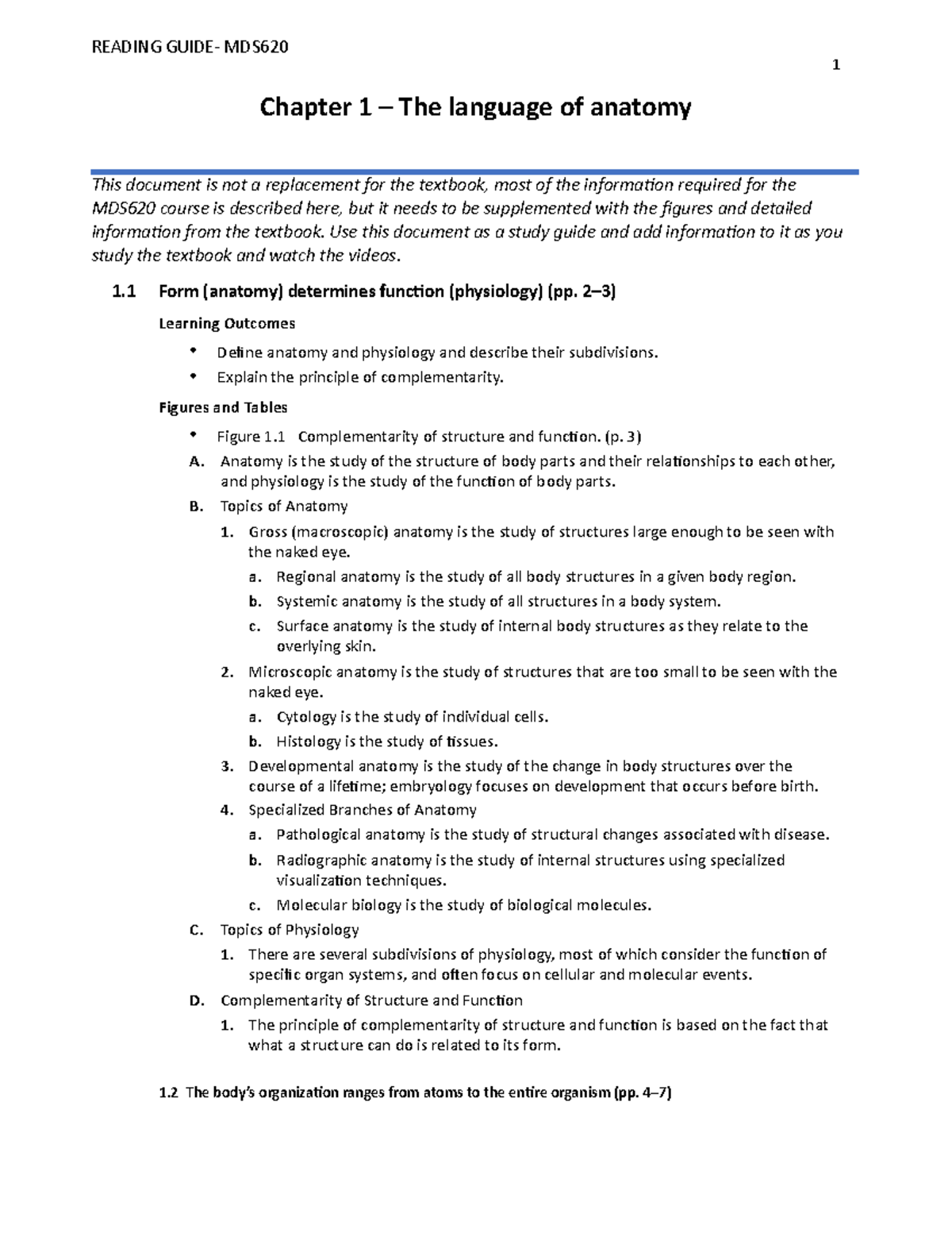 Reading guide Chapter 1 - 1 Chapter 1 – The language of anatomy 1 Form (anatomy) determines ...