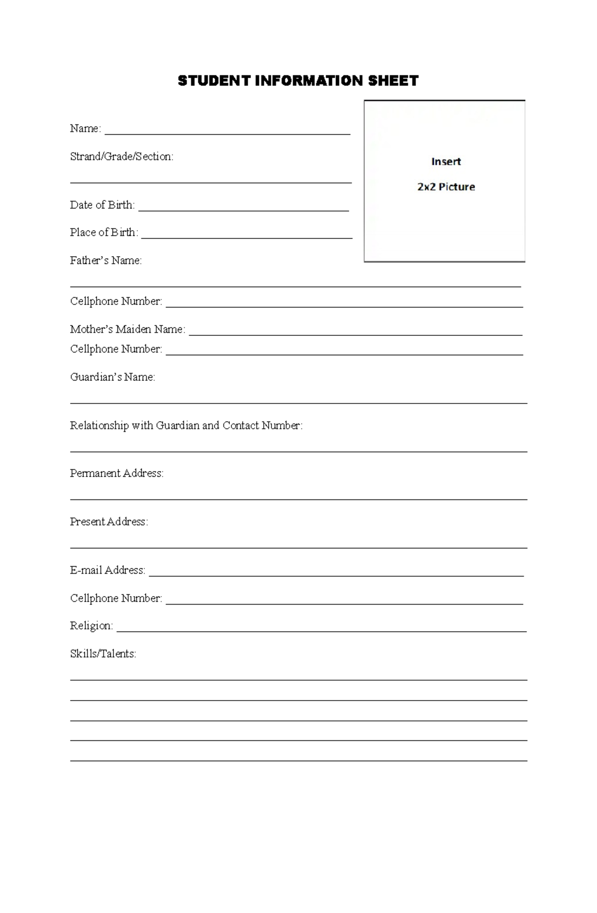 Student Information Sheet - STUDENT INFORMATION SHEET Name: - Studocu