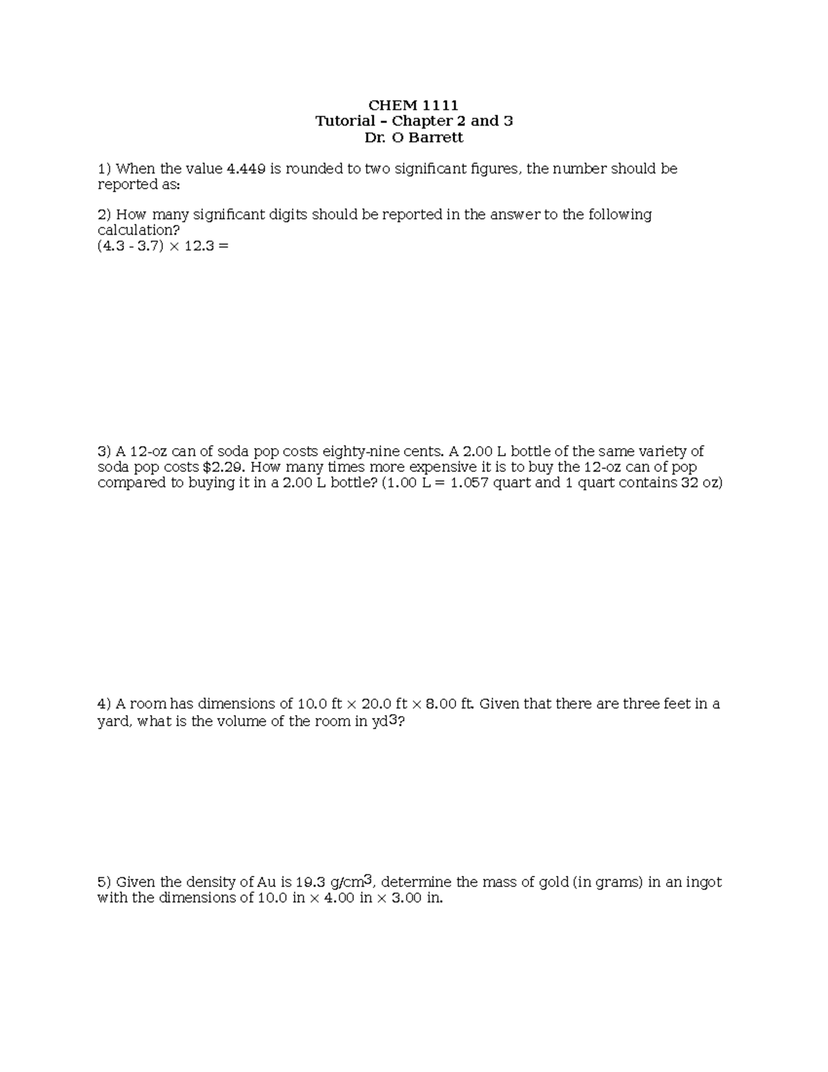 CHEM 1111 - Tutorial - Chapter 2-3 - CHEM 1111 Tutorial – Chapter 2 and ...