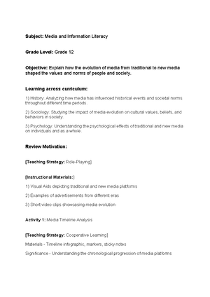 Lesson plan - Subject: Media and Information Literacy Grade Level ...