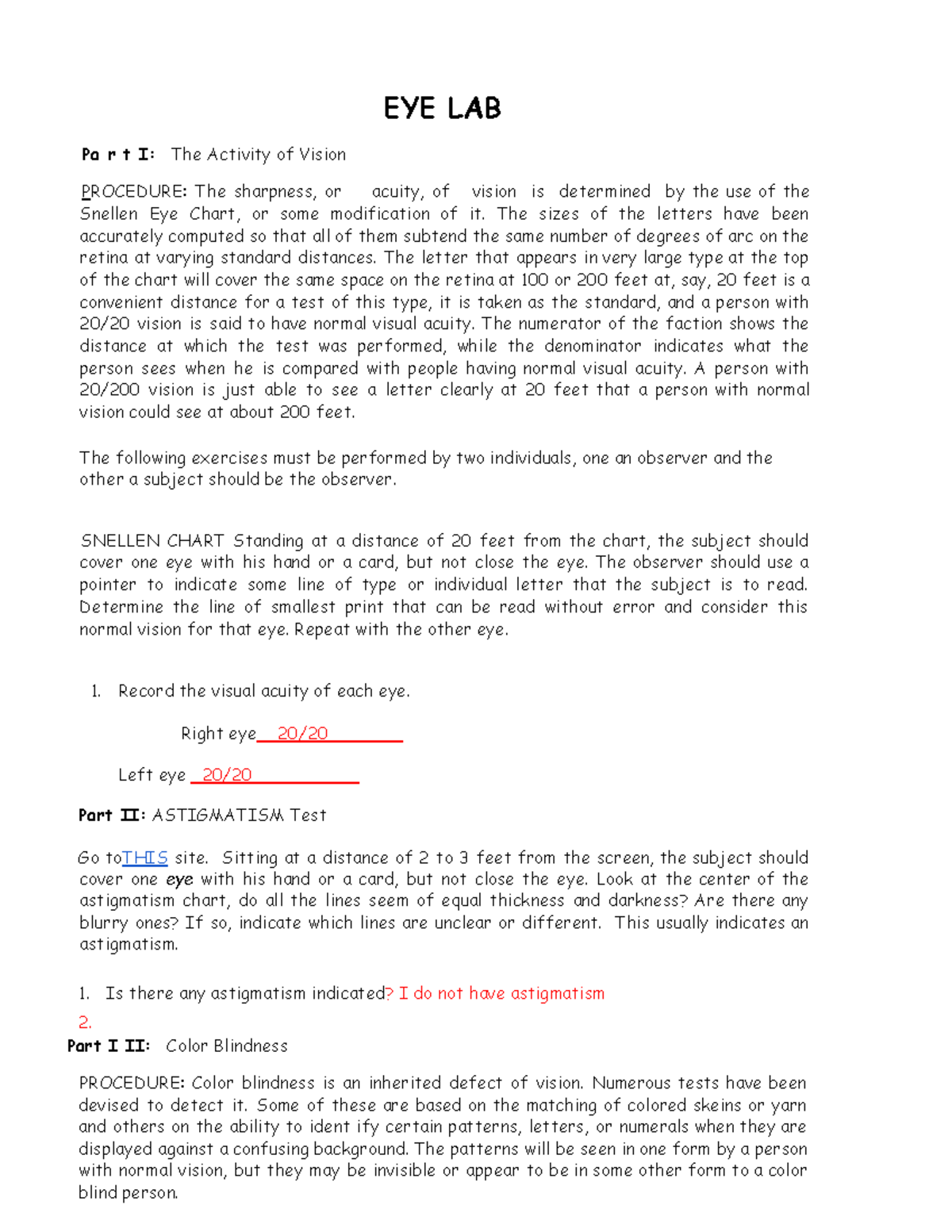 Copy of EYE Lab - anatomy and phsiology eye lab - EYE LAB Pa r t I: The ...